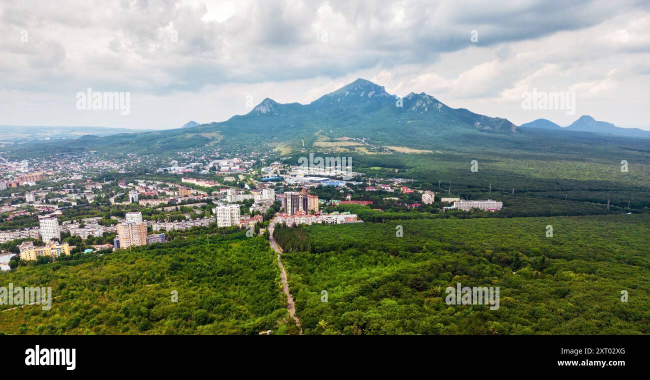 Landscape of Pyatigorsk, aerial view of city on background of Beshtau ...