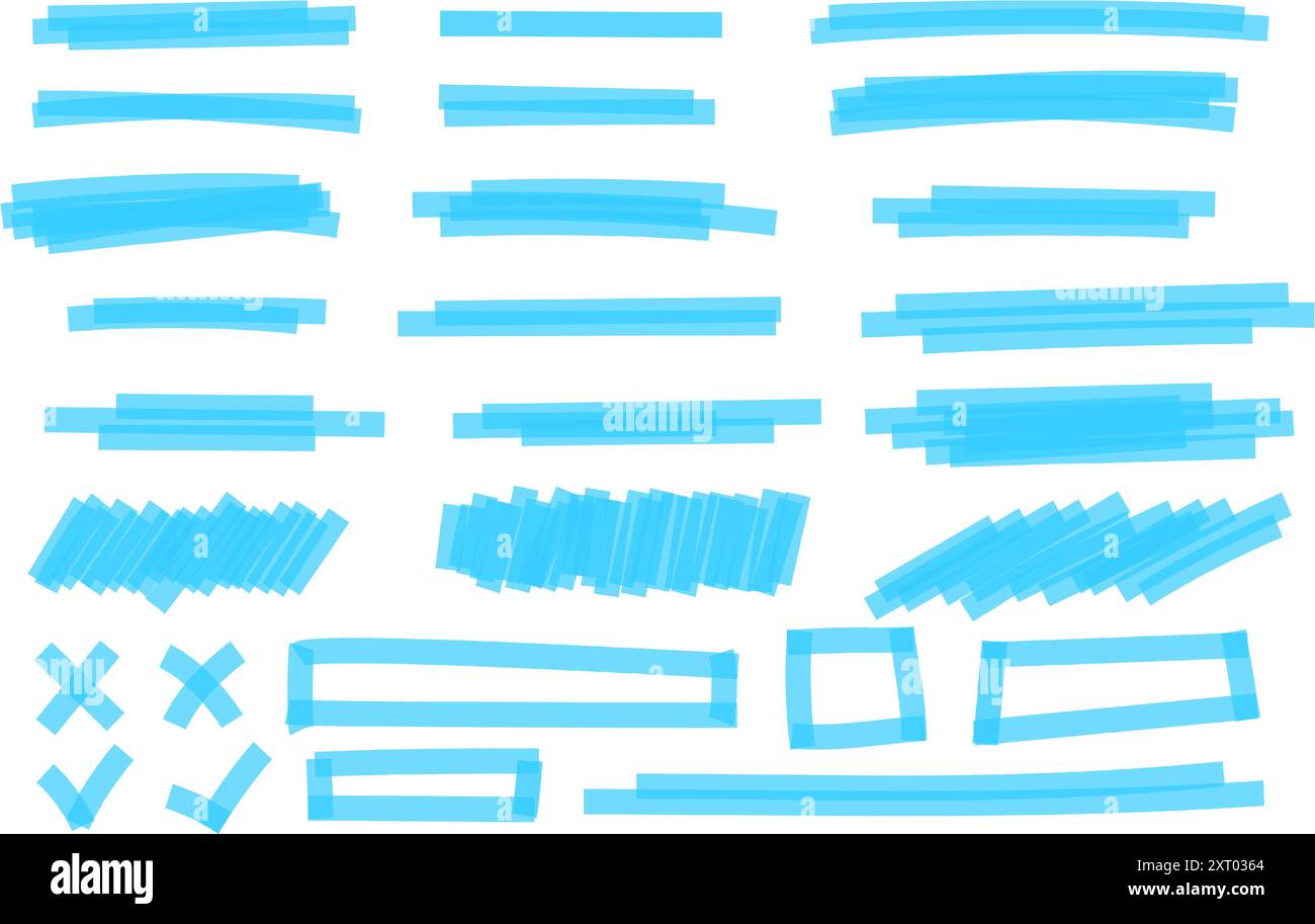 Set of blue highlight marker lines, frames, cross and checkmark signs ...