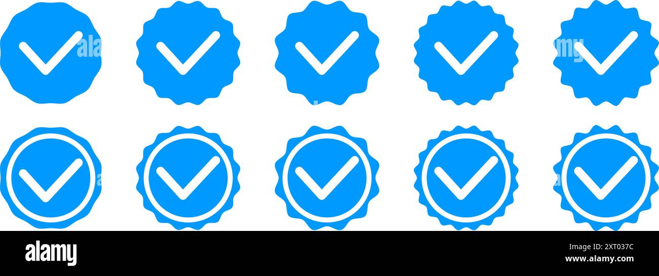 Set of tick icons. Checkmark tags. Approved signs in round wavy shapes ...