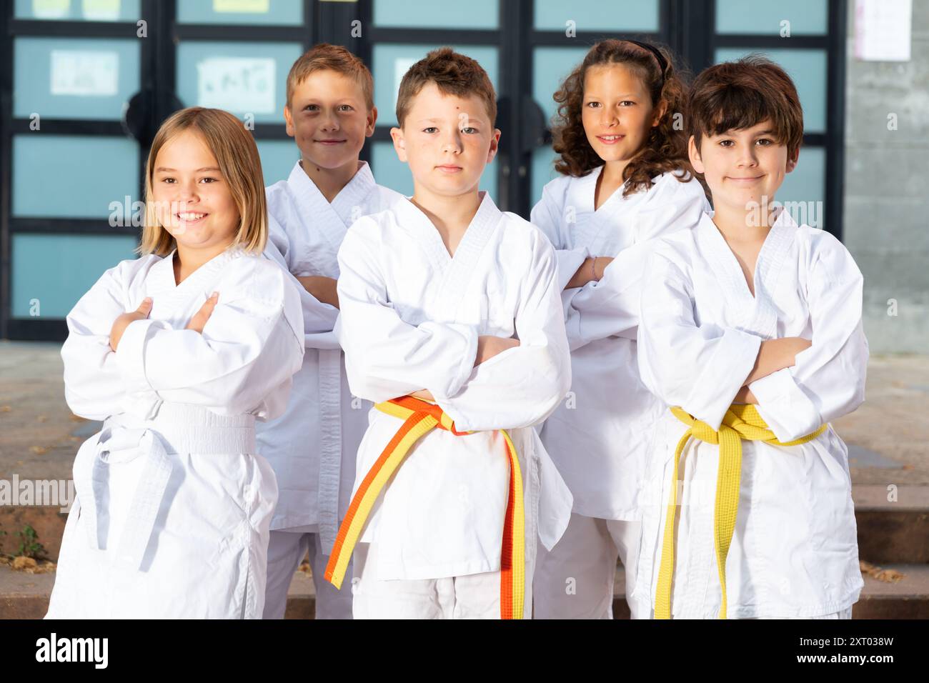 Group of preteen children karate fighters with arms crossed Stock Photo ...