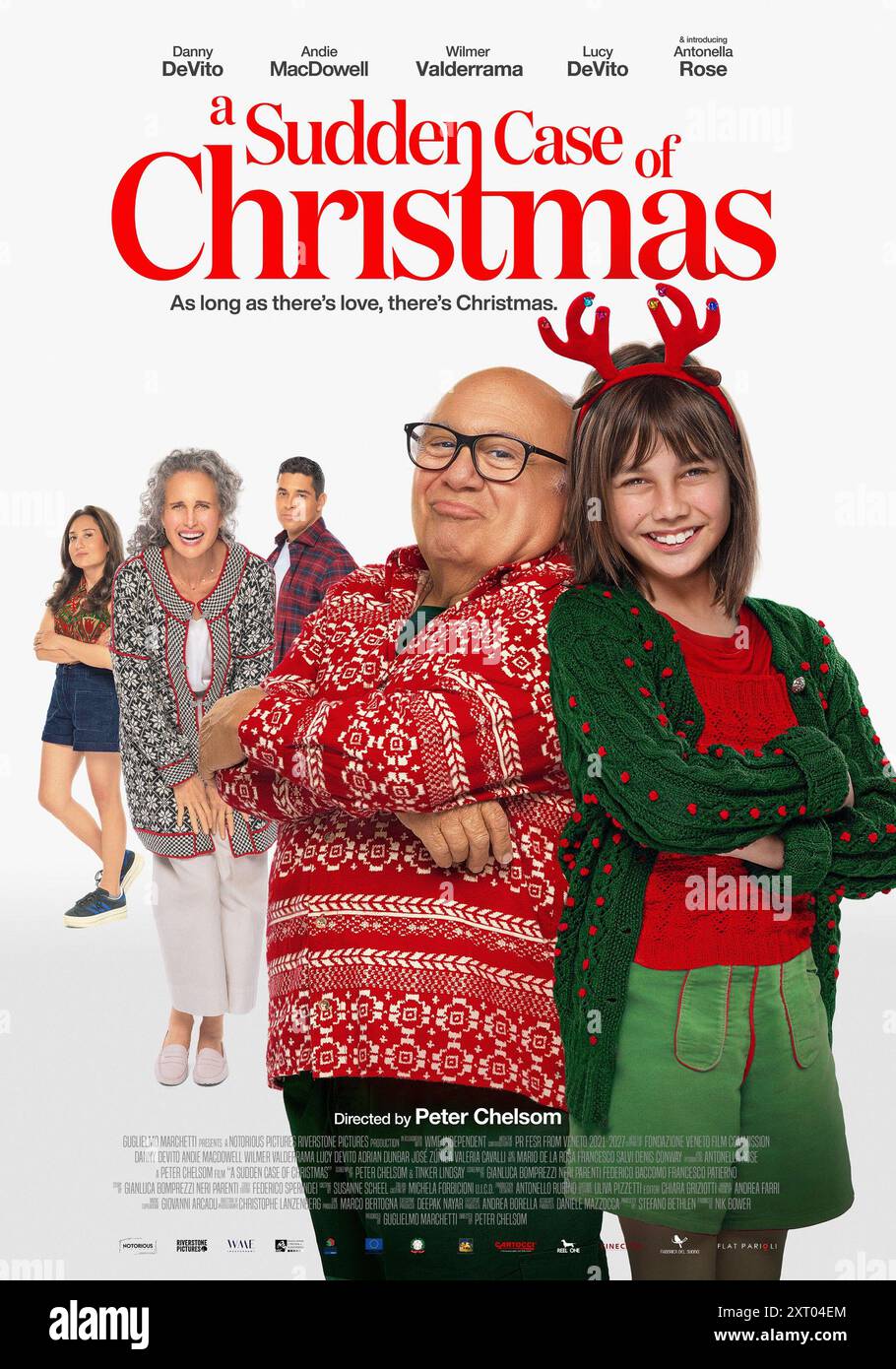 A SUDDEN CASE OF CHRISTMAS, poster, from left: Lucy DeVito, Andie MacDowell, Wilmer Valderrama ...