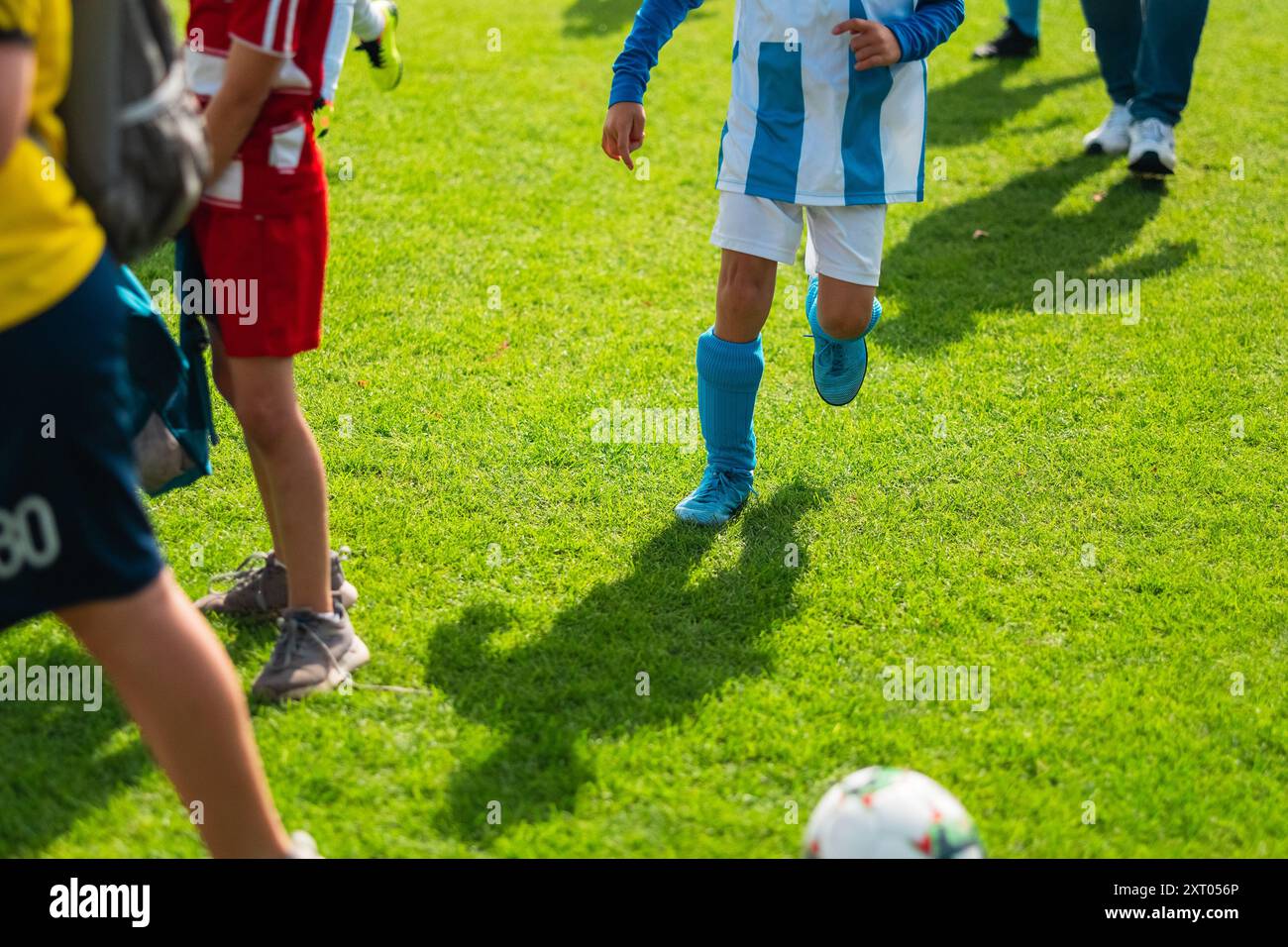 Football Player Running After the Soccer Ball Along the Green Football ...