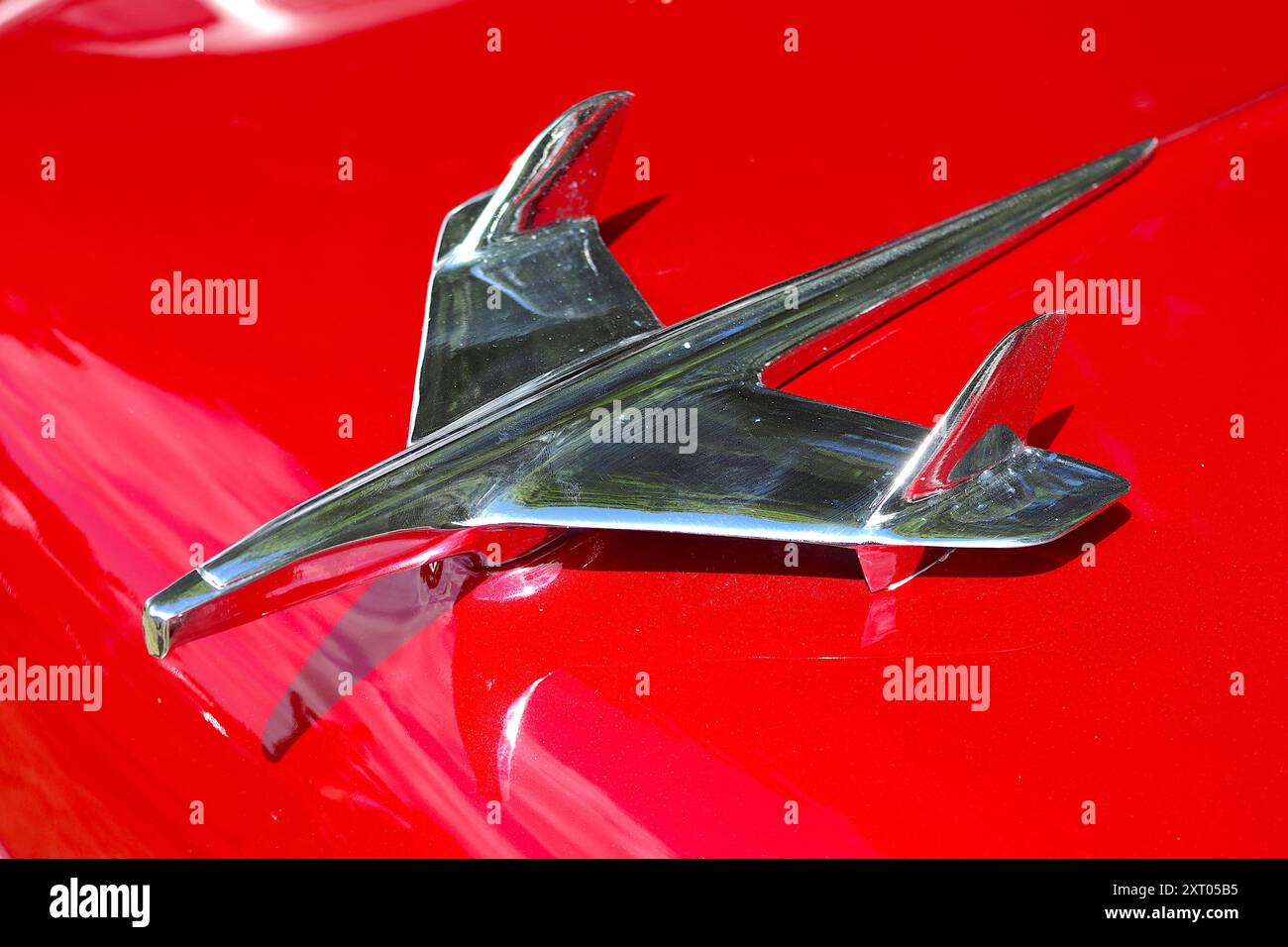 The chrome hood ornament (bonnet mascot) fitted to a 1955 Chevrolet Bel ...