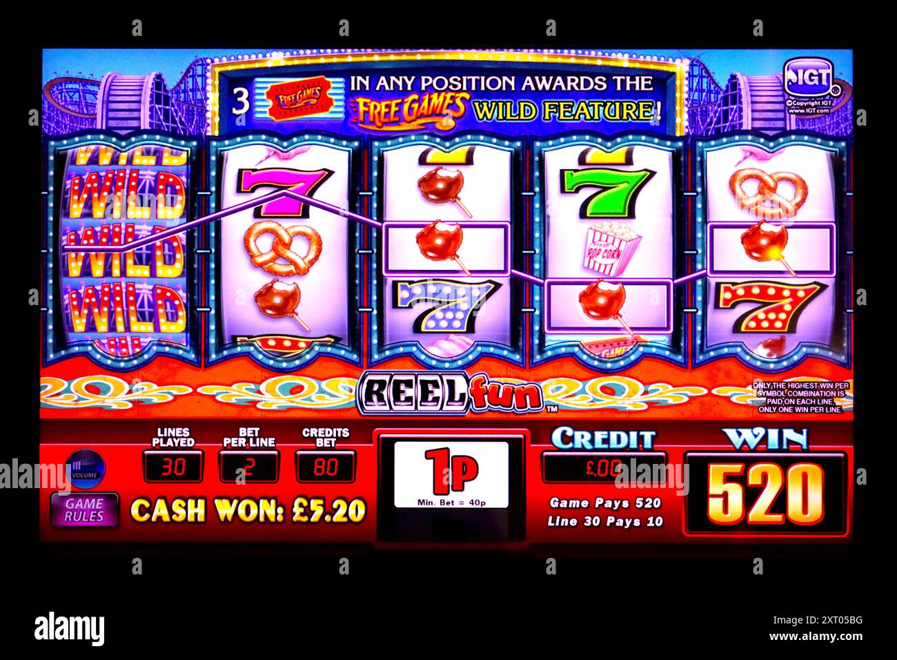 An illuminated Cash Coaster IGT video slots display panel displays ...