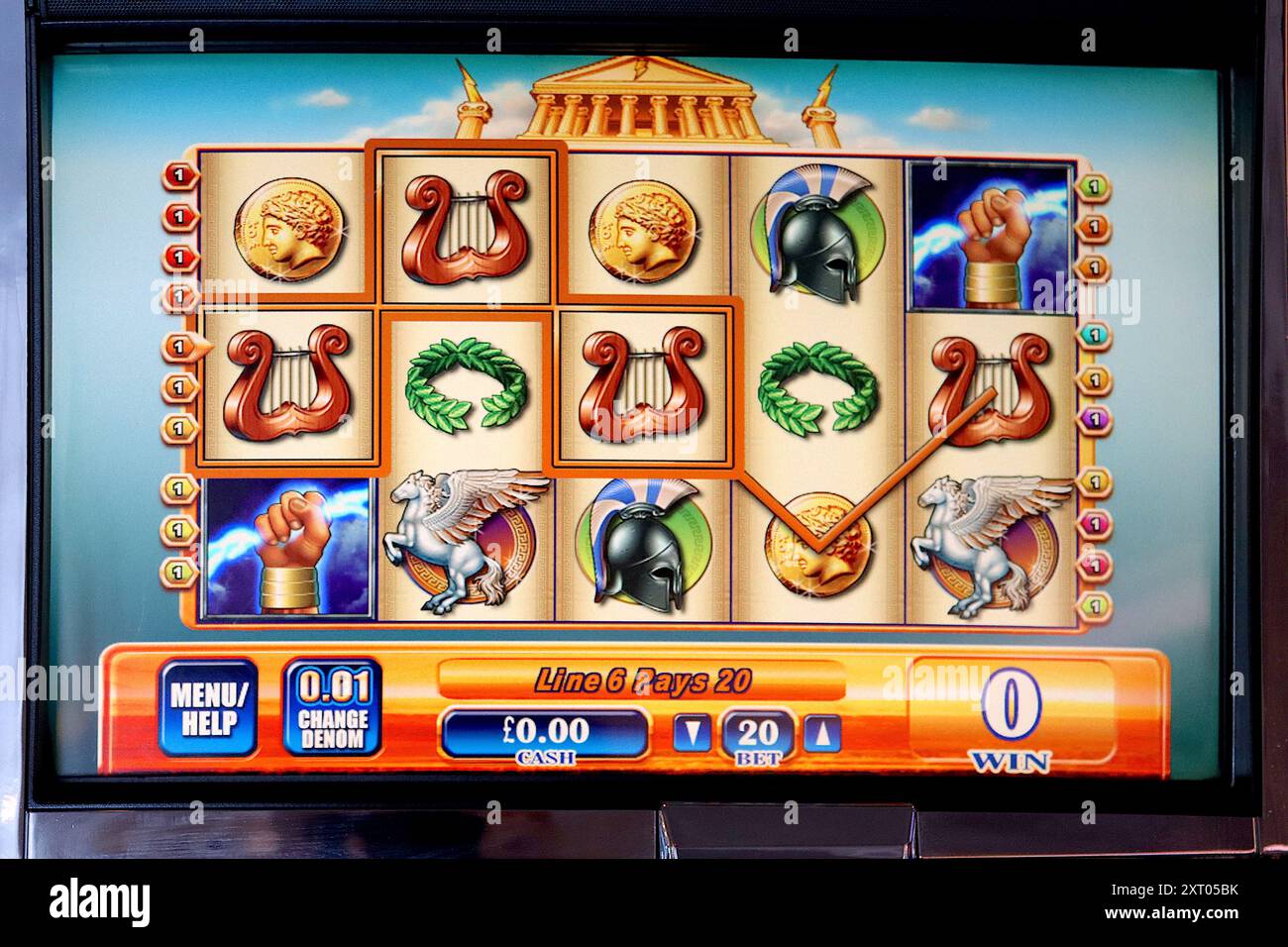 An illuminated WMS Zeus video slots display panel demonstrates winning ...