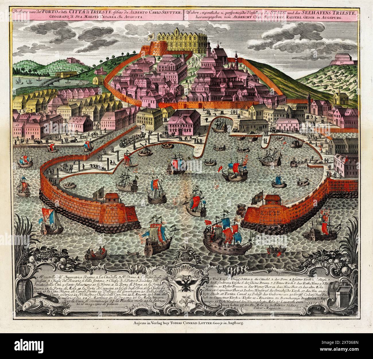 Vintage Illustrative Map. True view of the Port and the City of Trieste ...