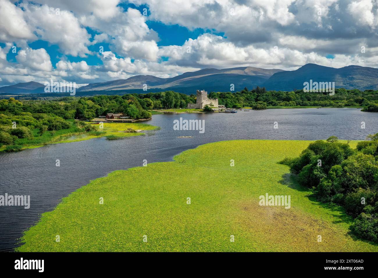 Aerial view of Ross Castle, a 15th-century fortress on Lough Leane ...