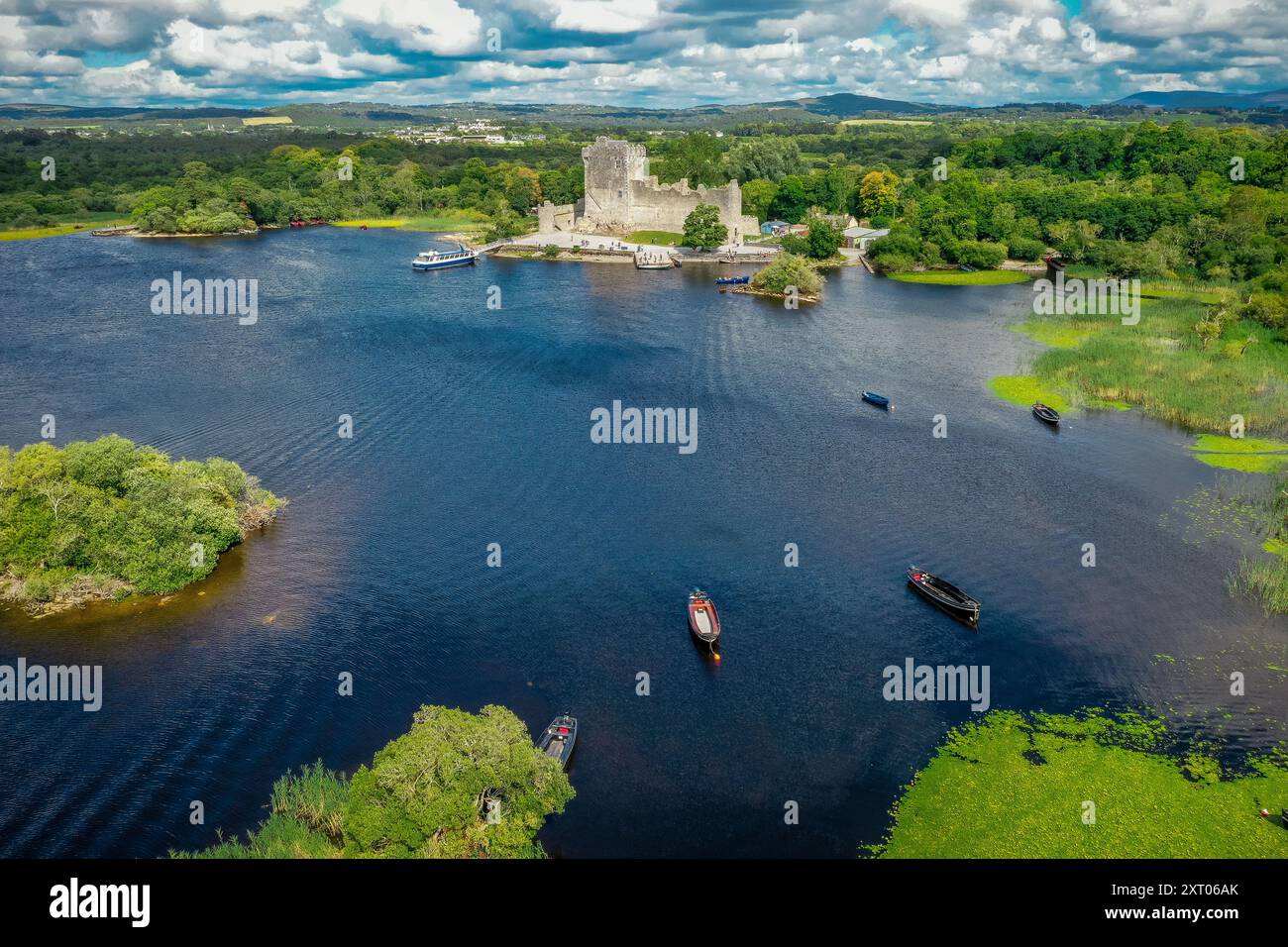 Aerial view of Ross Castle, a 15th-century fortress on Lough Leane ...