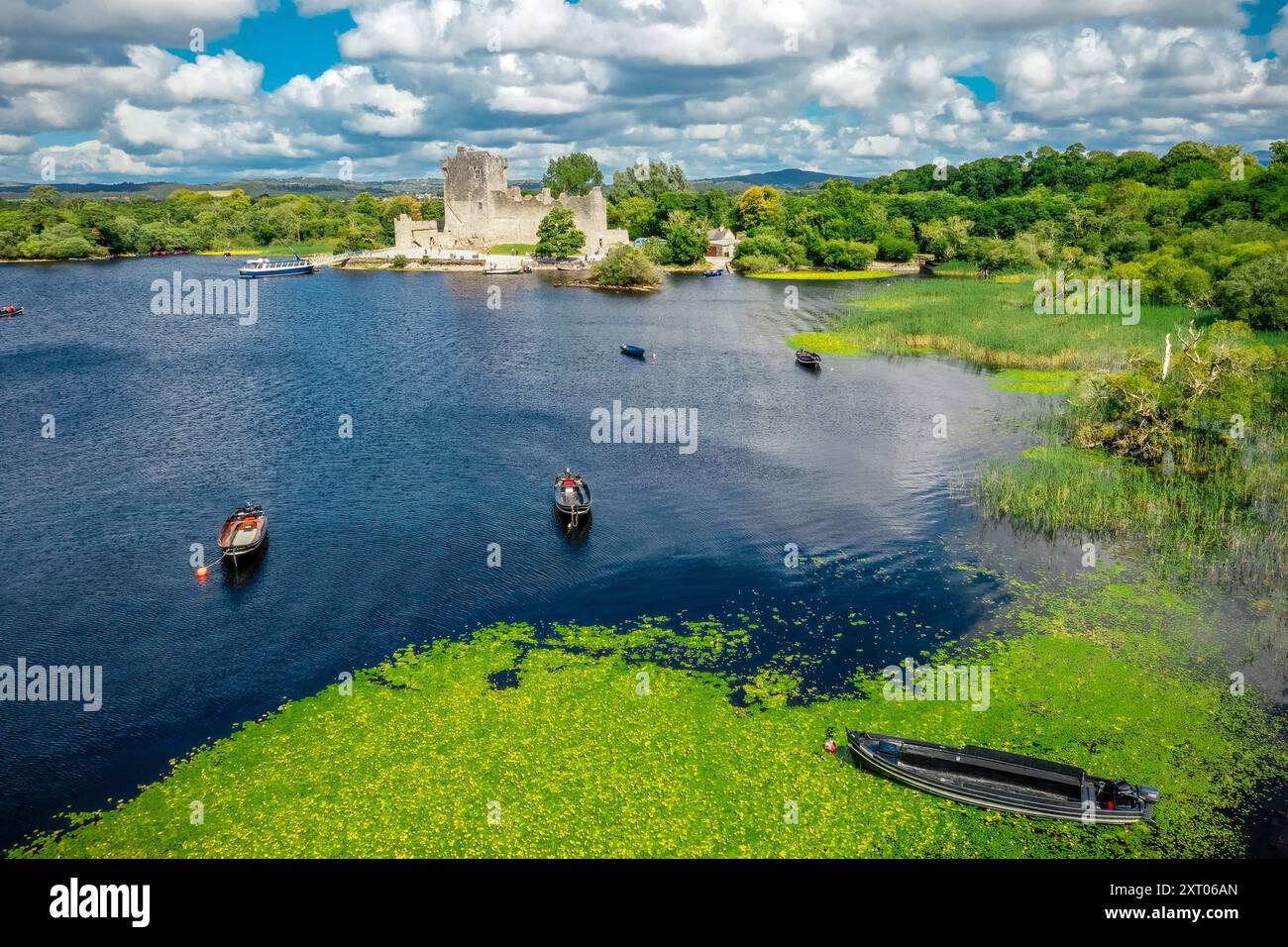Aerial view of Ross Castle, a 15th-century fortress on Lough Leane ...