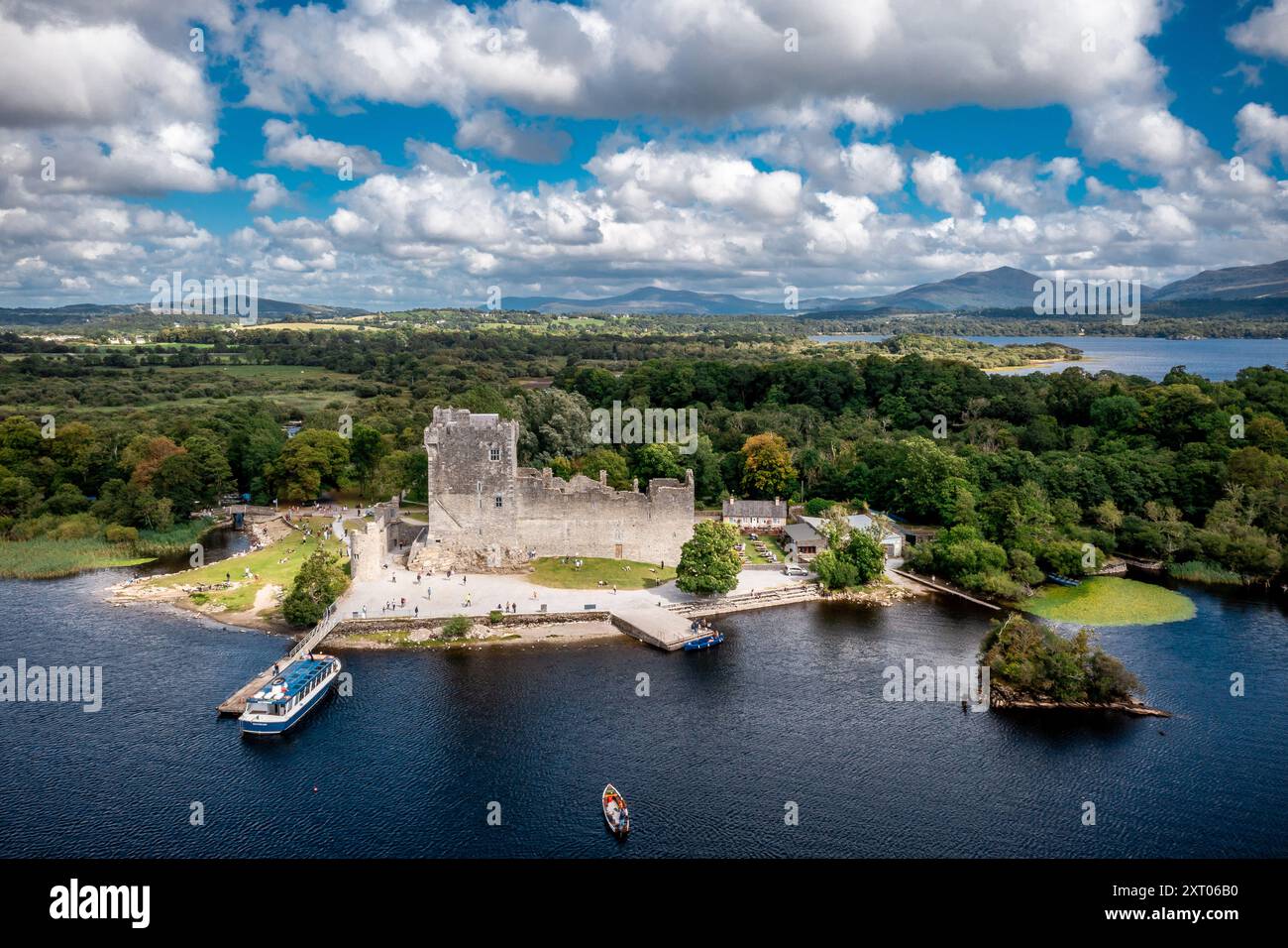 Aerial view of Ross Castle, a 15th-century fortress on Lough Leane ...