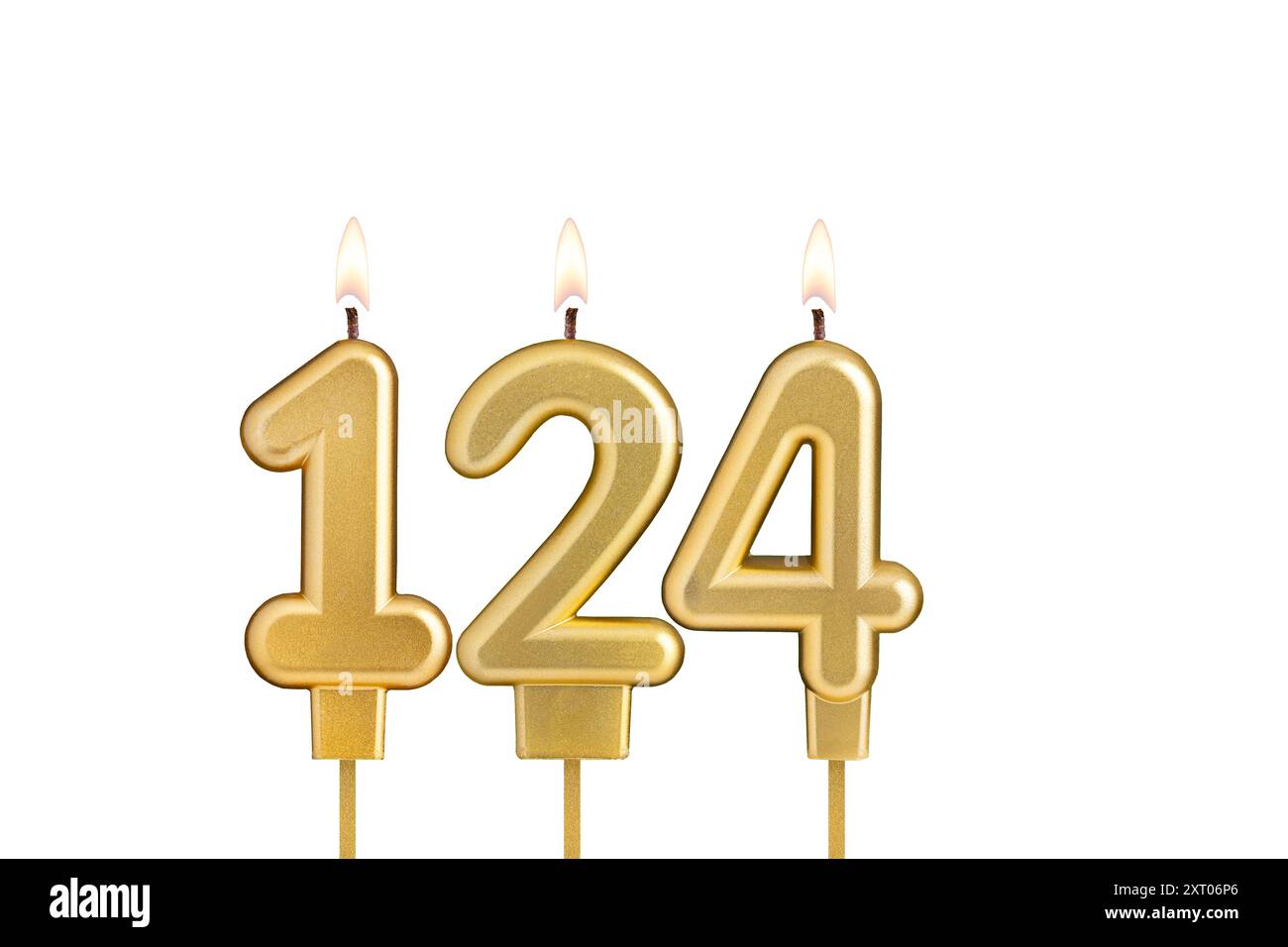 Golden number 124 birthday candle on white background Stock Photo - Alamy