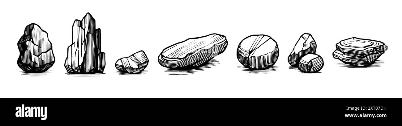 Rock pebble stone line vector engraving outline vector design. Sketch ...
