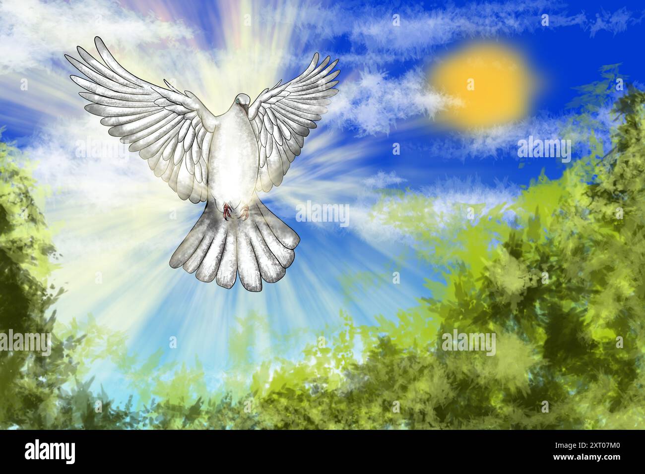 White dove soaring gracefully through a sunny sky, representing peace ...