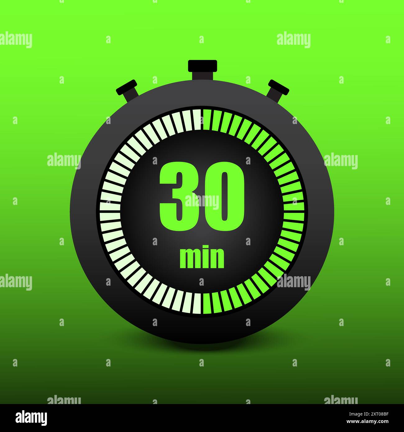 Green stopwatch icon. Thirty minutes display. 30 minutes. Black ...