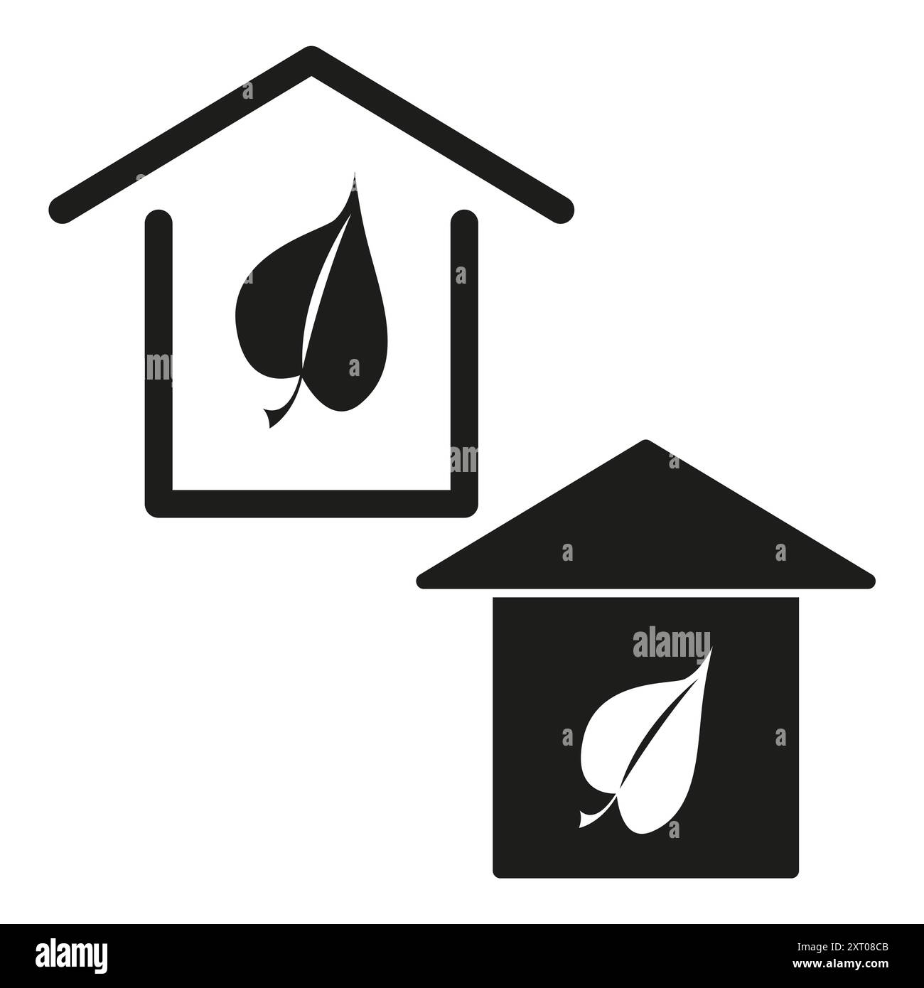 Eco friendly home icons. Black silhouettes with leaf symbols ...