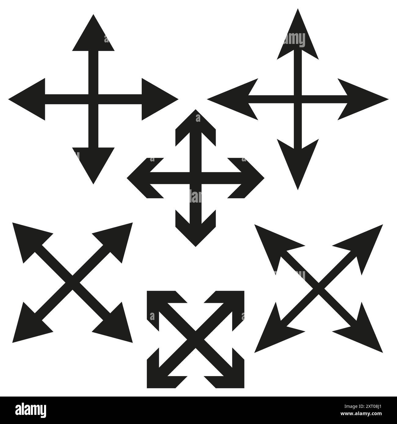 Directional arrow icons. Four-way vector symbols. Black silhouettes ...