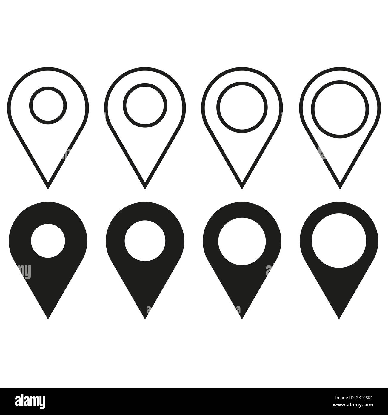 Pin location icons. Outline and solid. Black and white. Vector symbols ...