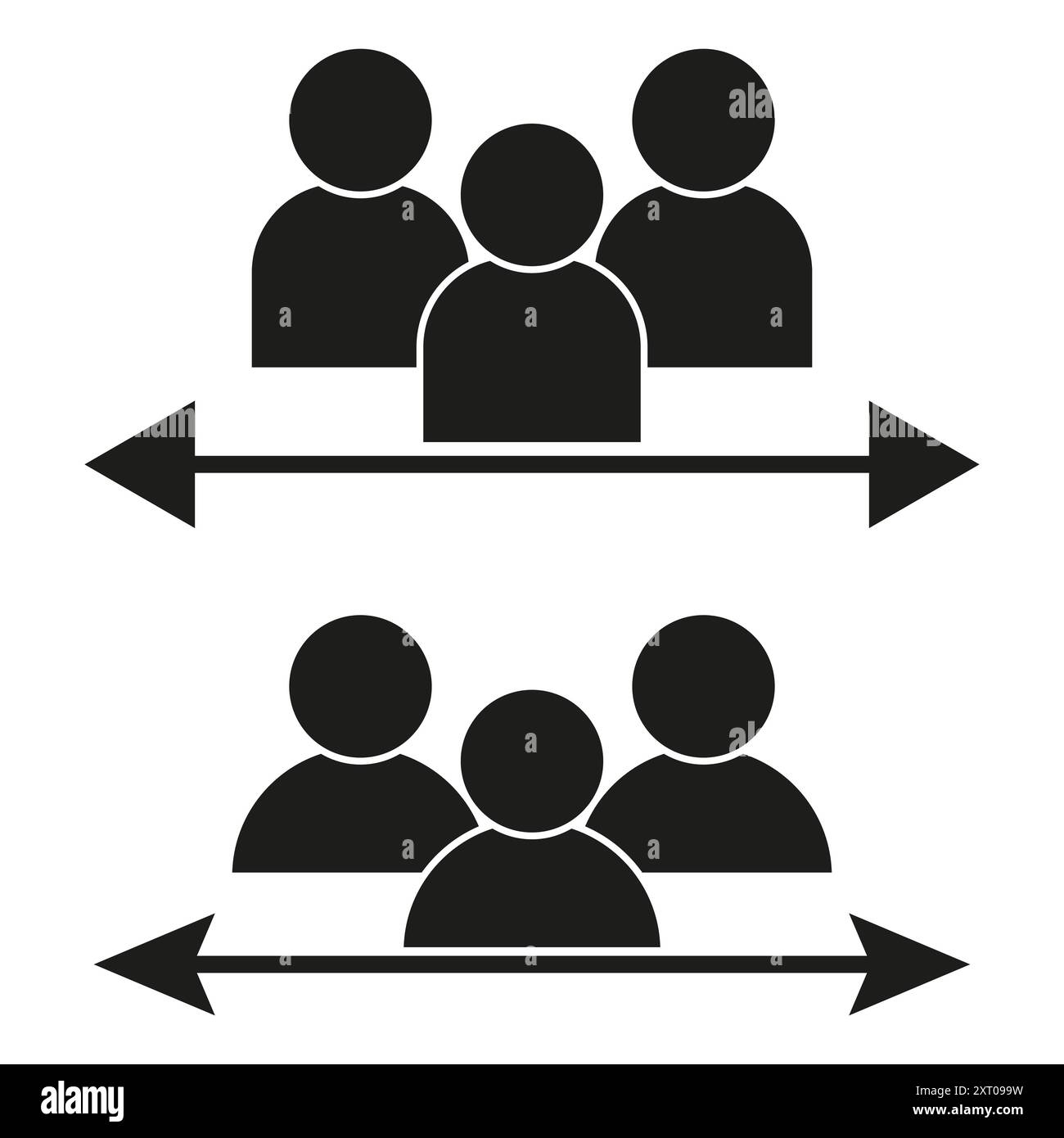 Social distancing icon. Three people silhouettes with directional ...