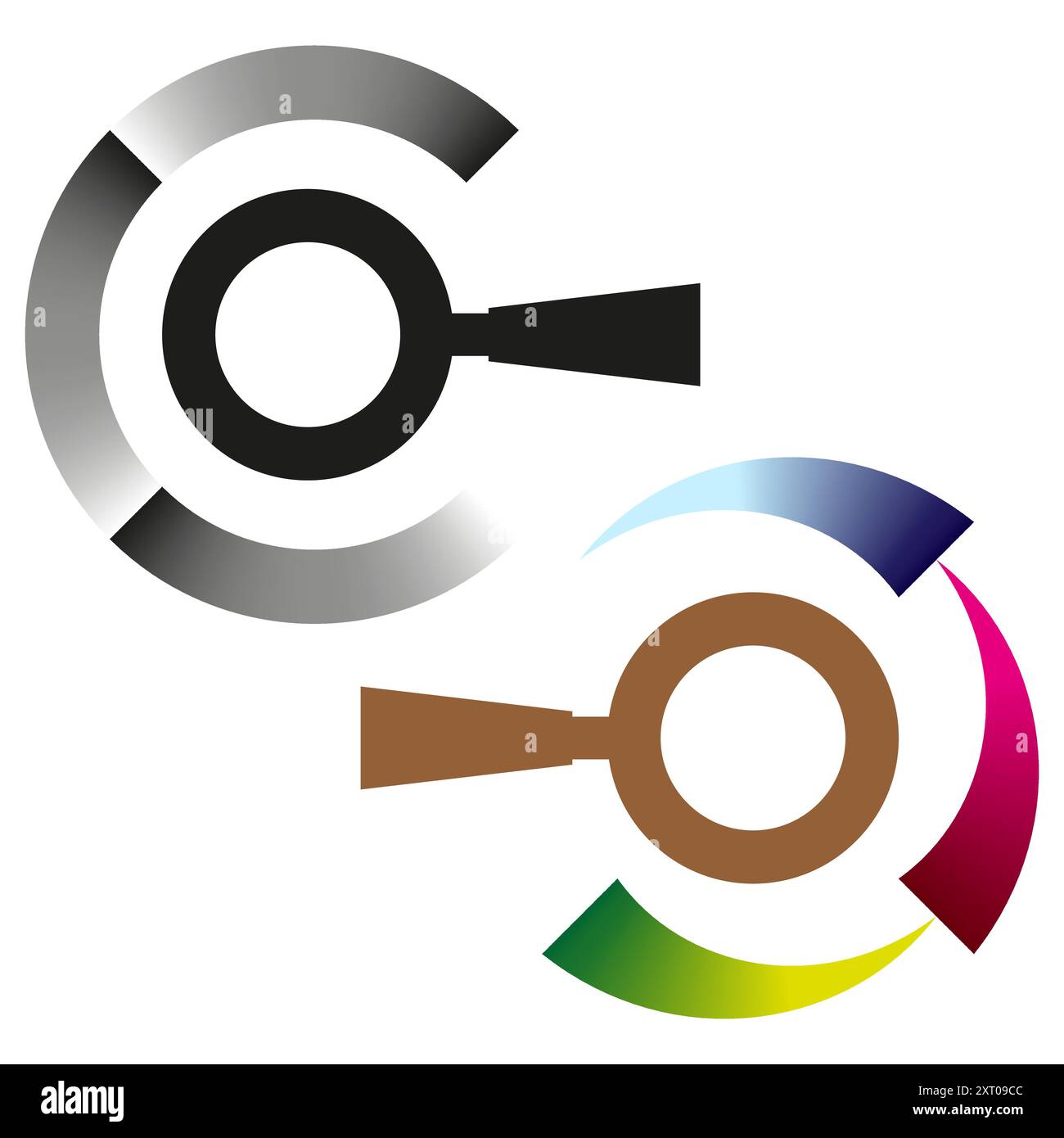 Magnifying glass icons. Black and colored. Search and analysis symbols ...
