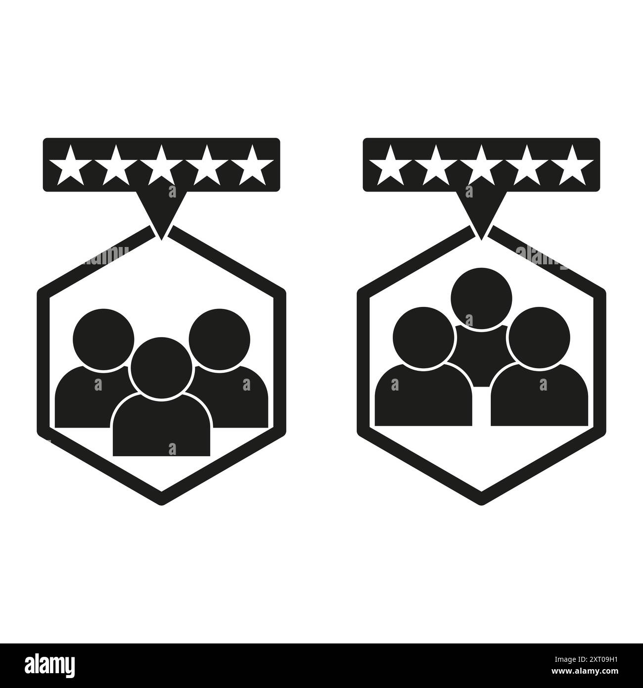 Group of people icons. Five star rating symbols. Black and white vector ...