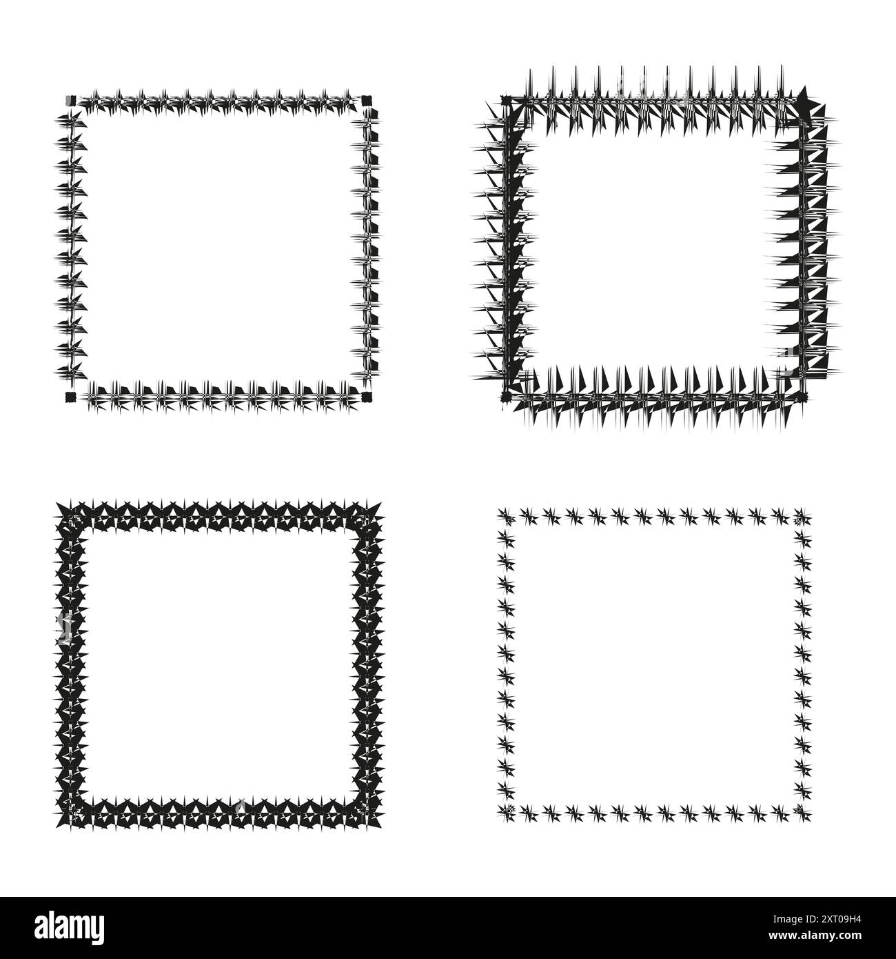 Spiked square frames. Four distinct designs. Black detailed outlines ...