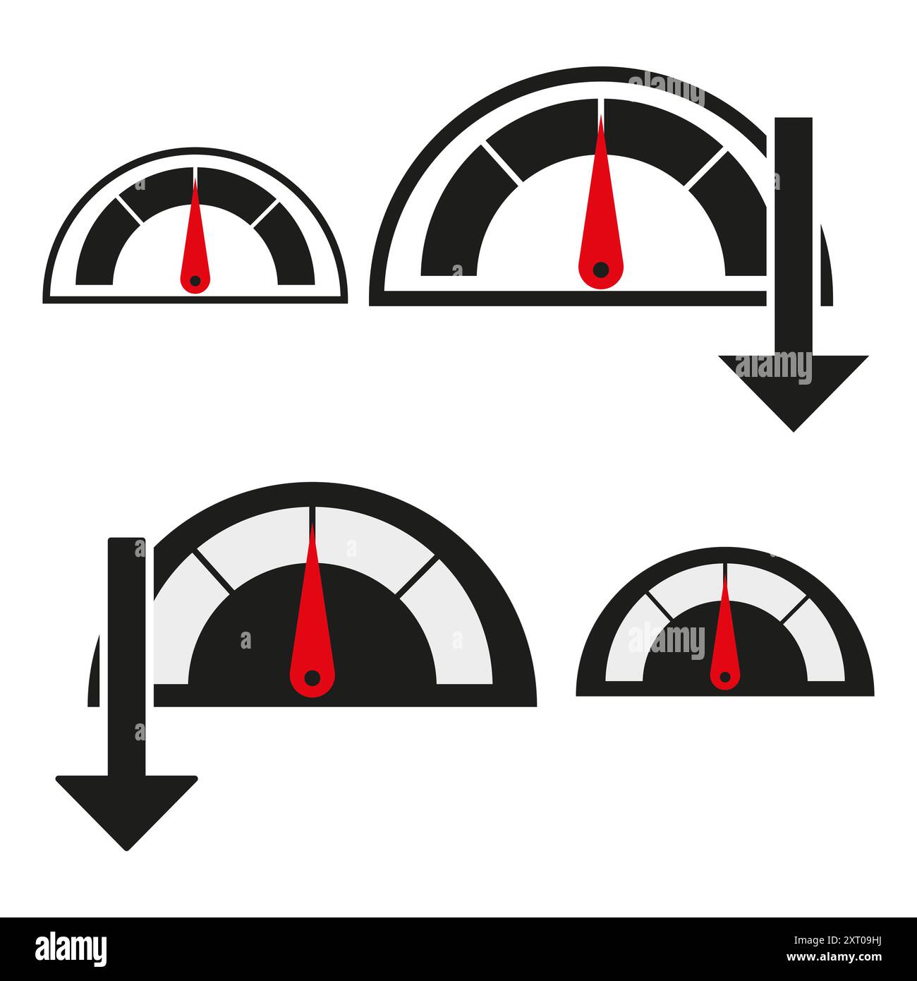 Speedometer icon set. Red arrow indicator. Black and white gauges ...