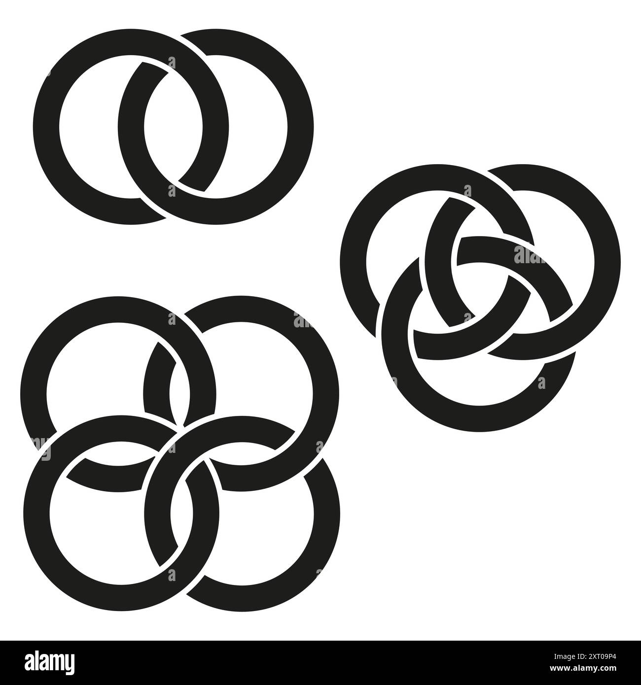 Interlocking circles icons. Three different designs. Simple black and white style. Geometric ...