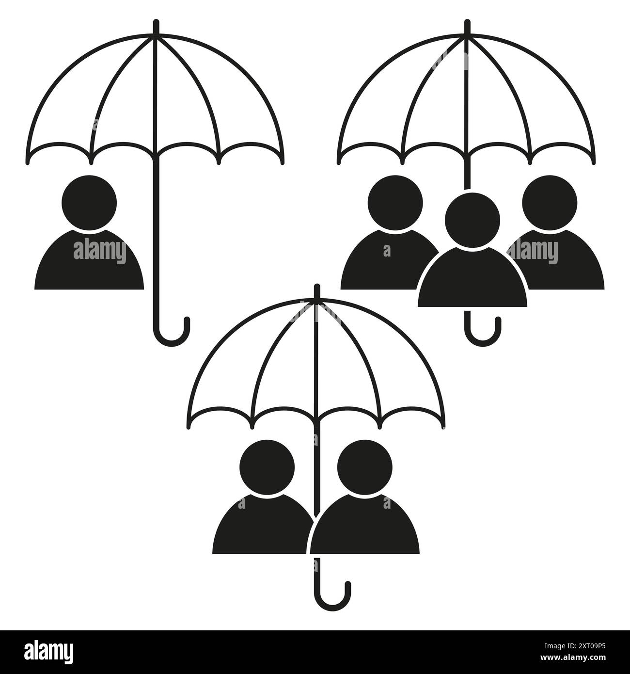 Group under umbrella icons. People protection symbol. Black and white ...