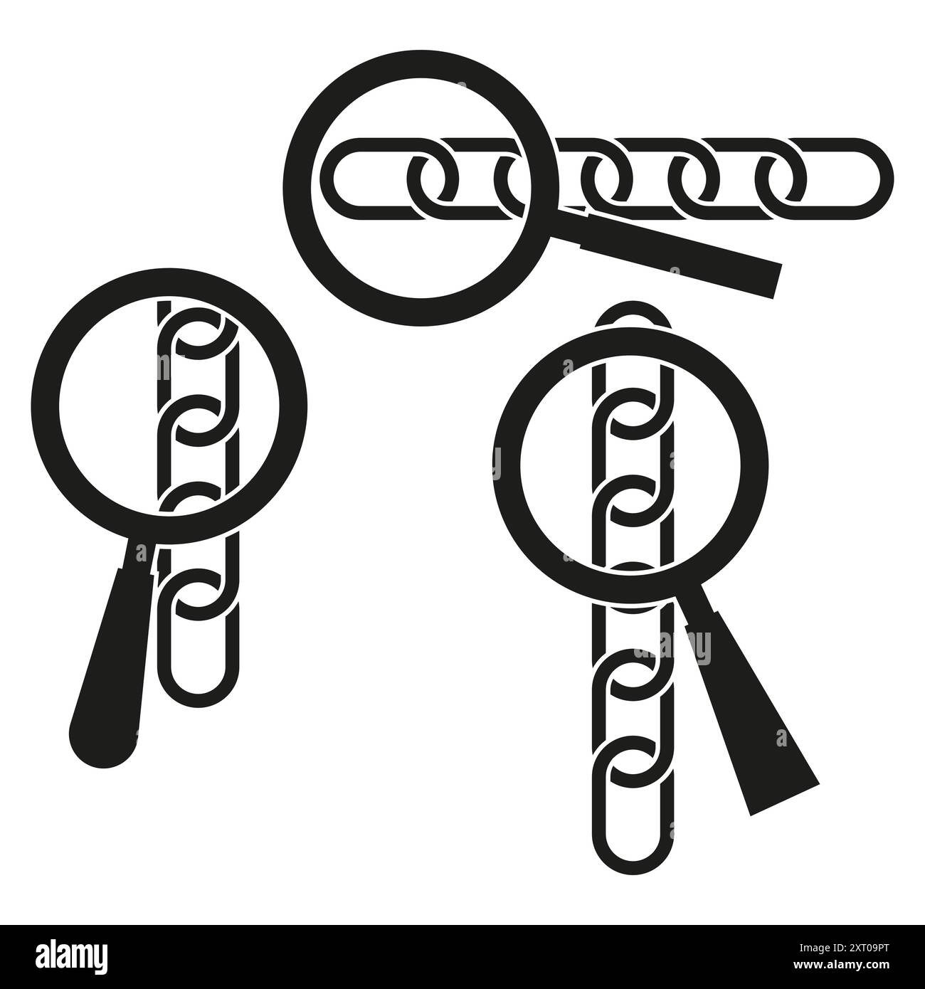 Magnifying glass and chain icons. Link inspection symbols. Black and ...