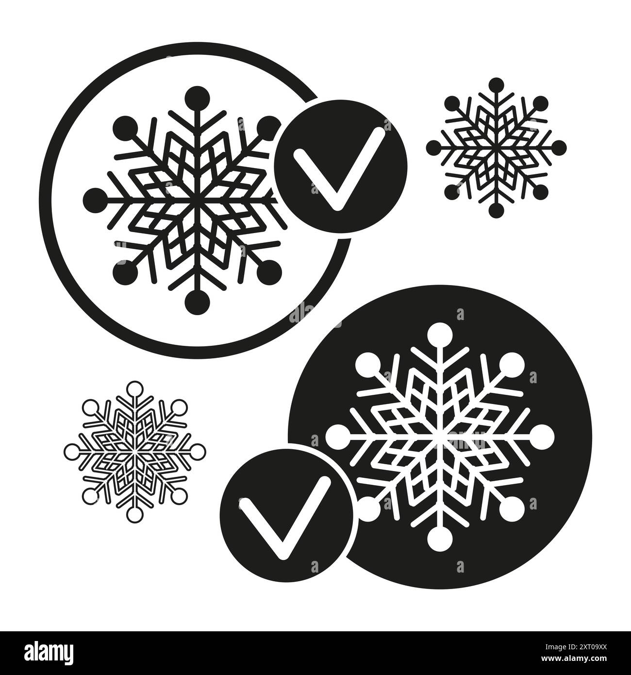 Snowflake icons with check marks. Black and white winter symbols ...