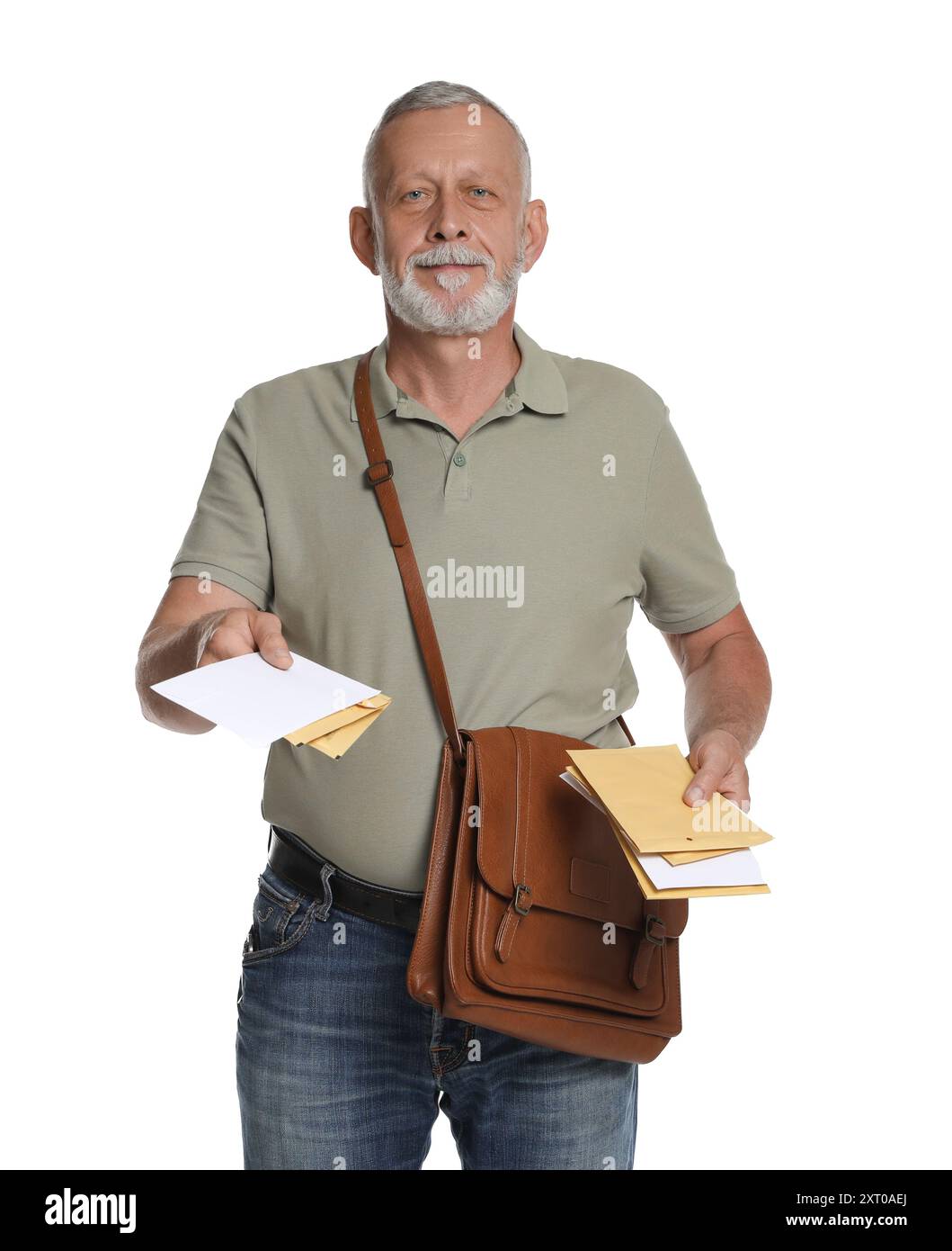 Postman with brown bag delivering letters on white background Stock ...