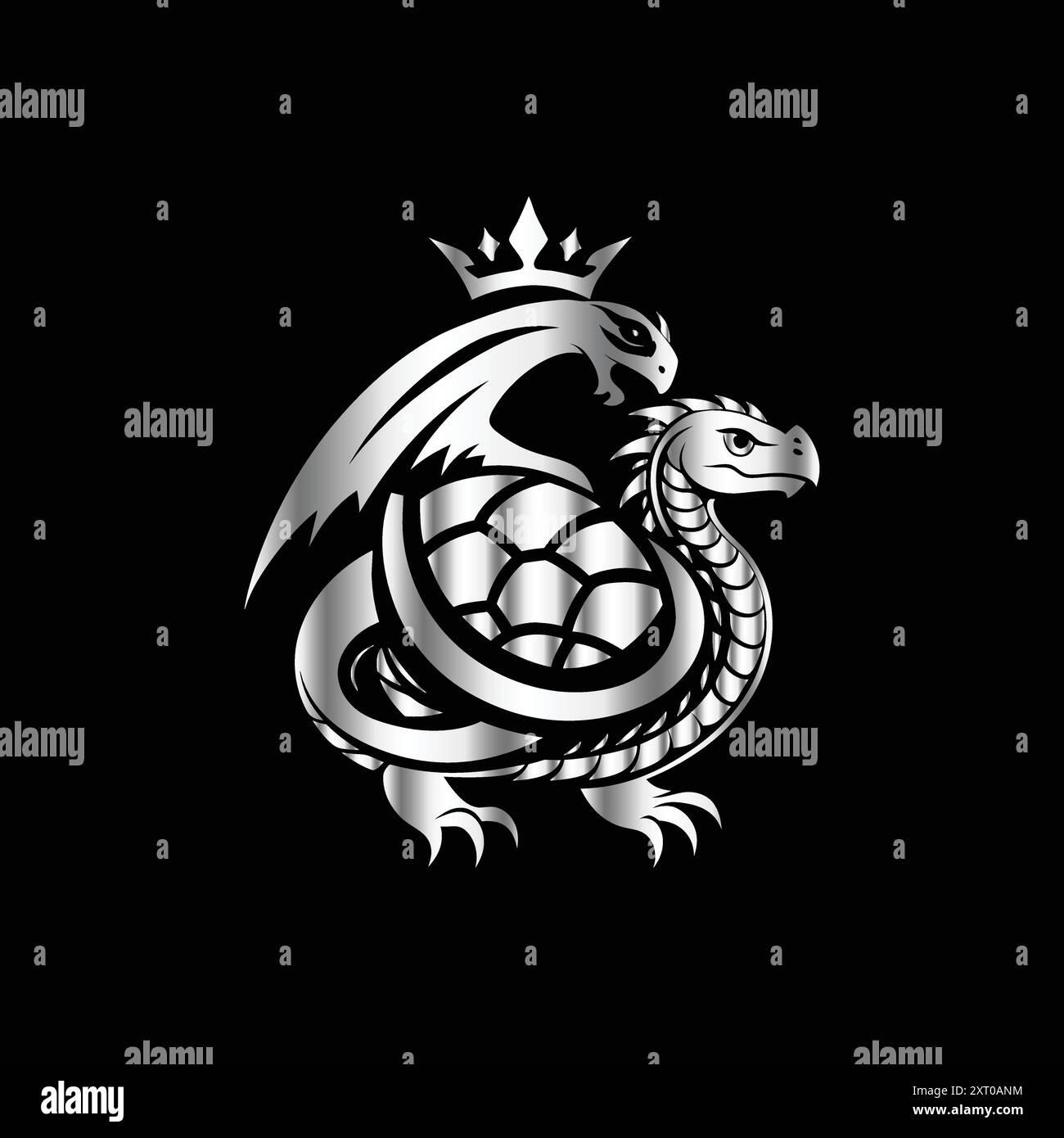 Dragon head, Turtle with shield and crown. Vector illustration on black ...