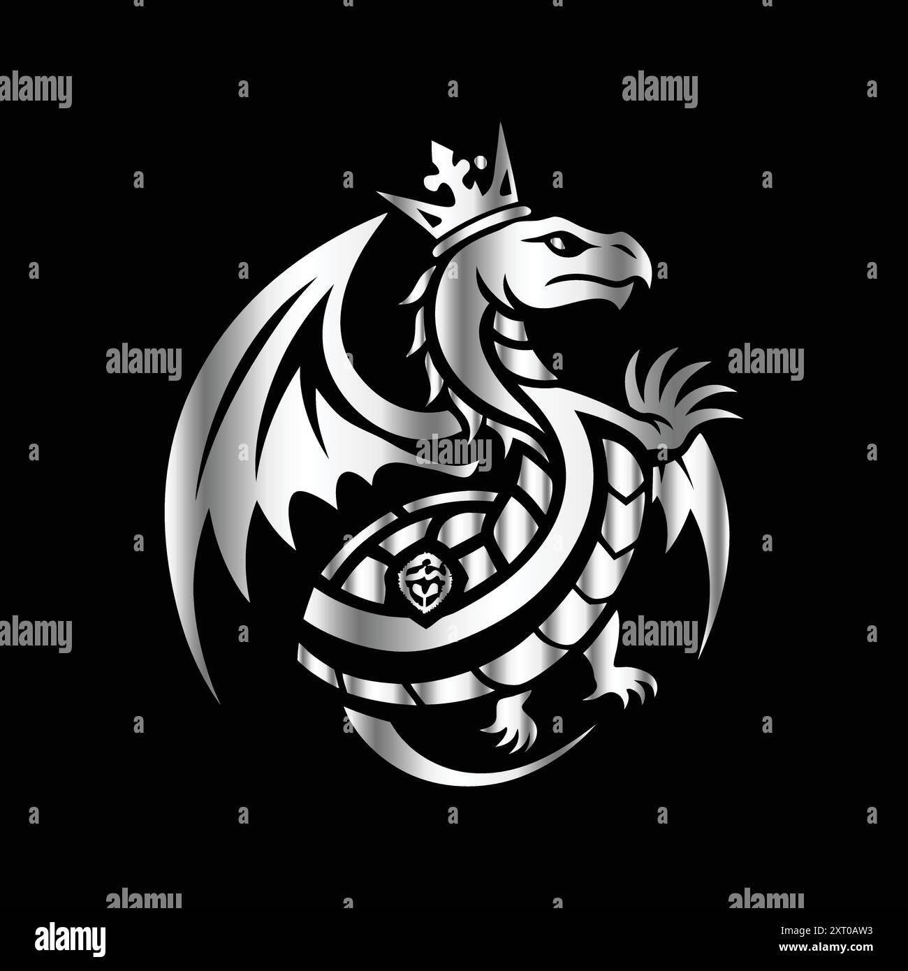 Dragon head, Turtle with shield and crown. Vector illustration on black ...