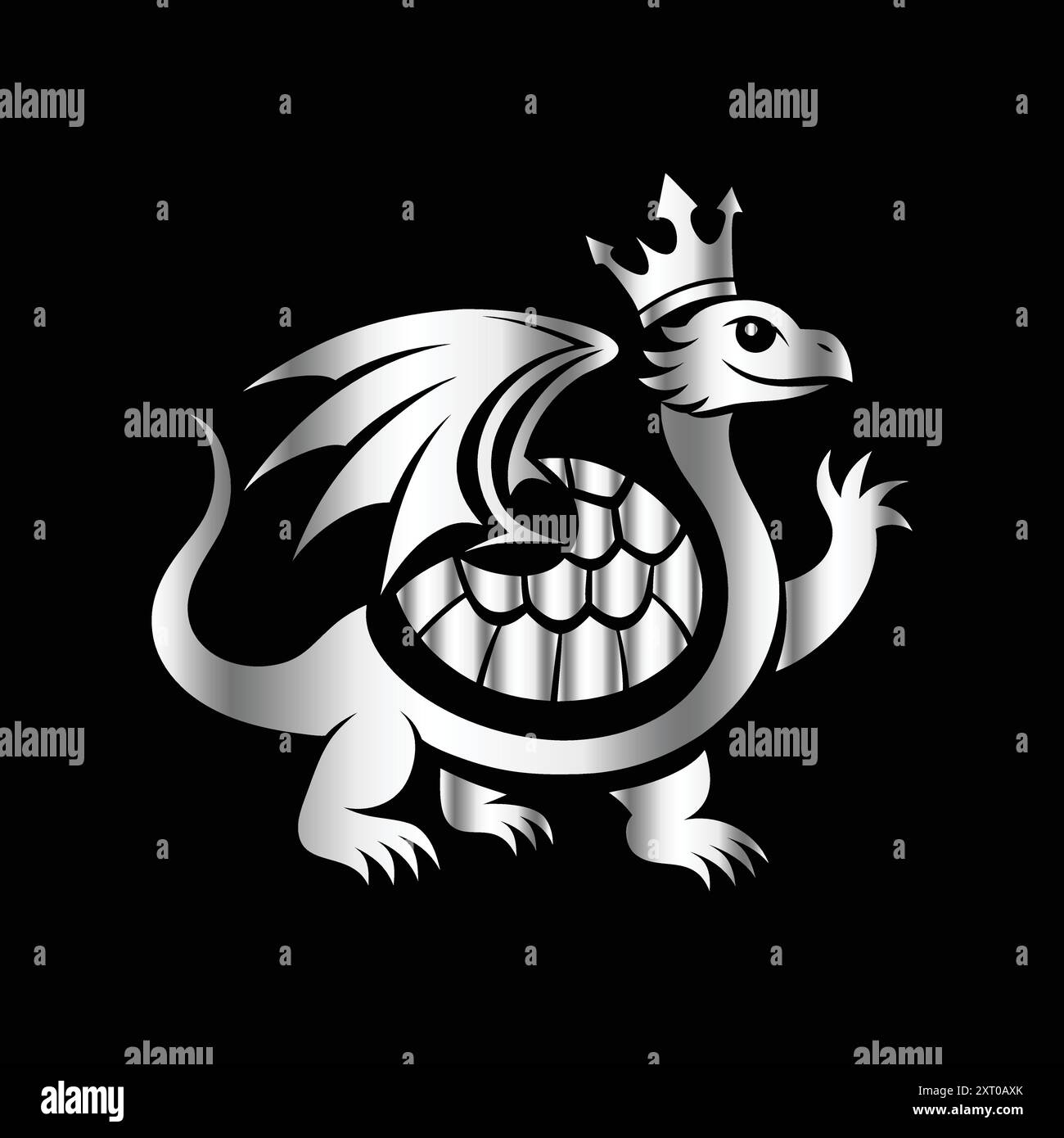 Dragon head, Turtle with shield and crown. Vector illustration on black ...