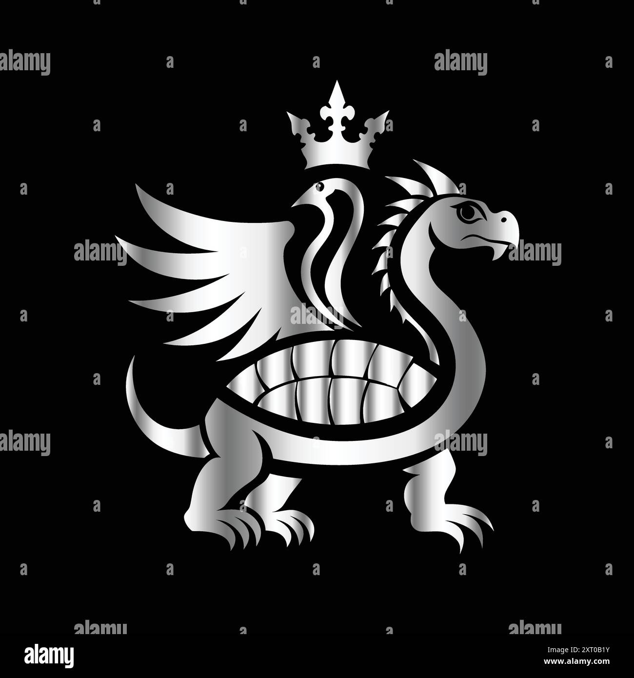 Dragon head, Turtle with shield and crown. Vector illustration on black ...