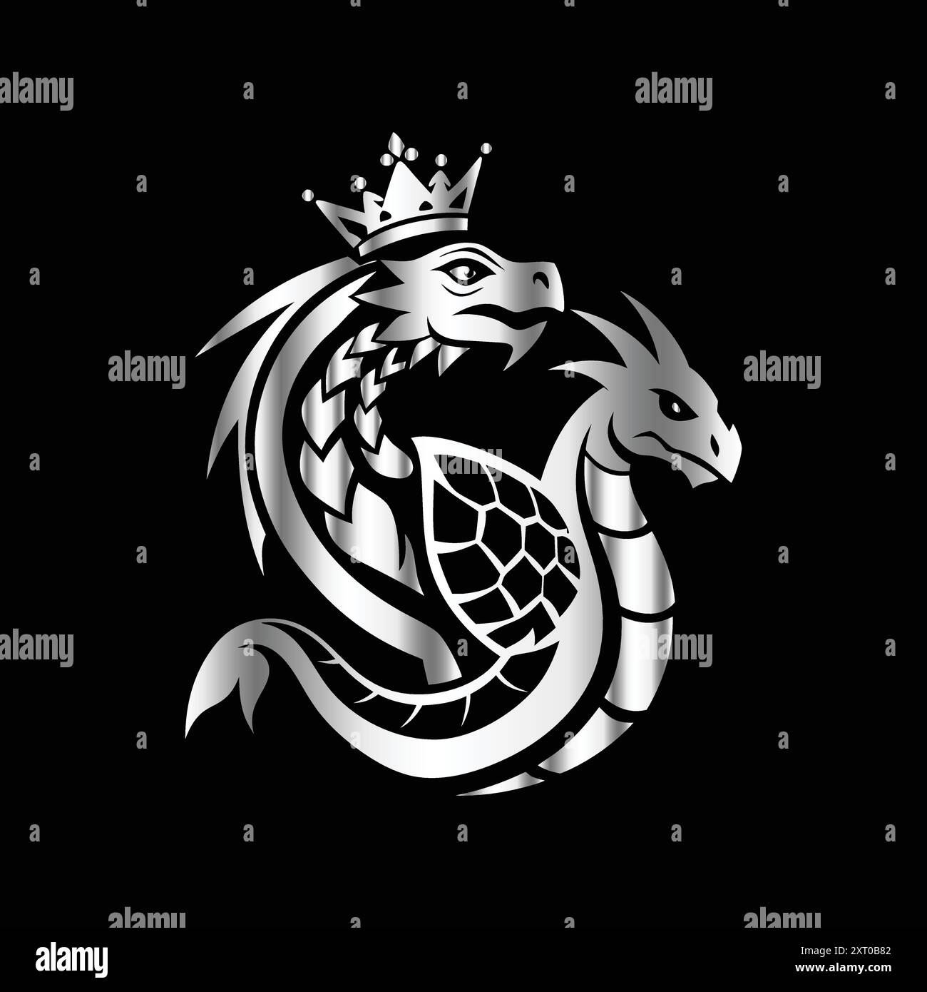 Dragon head, Turtle with shield and crown. Vector illustration on black ...