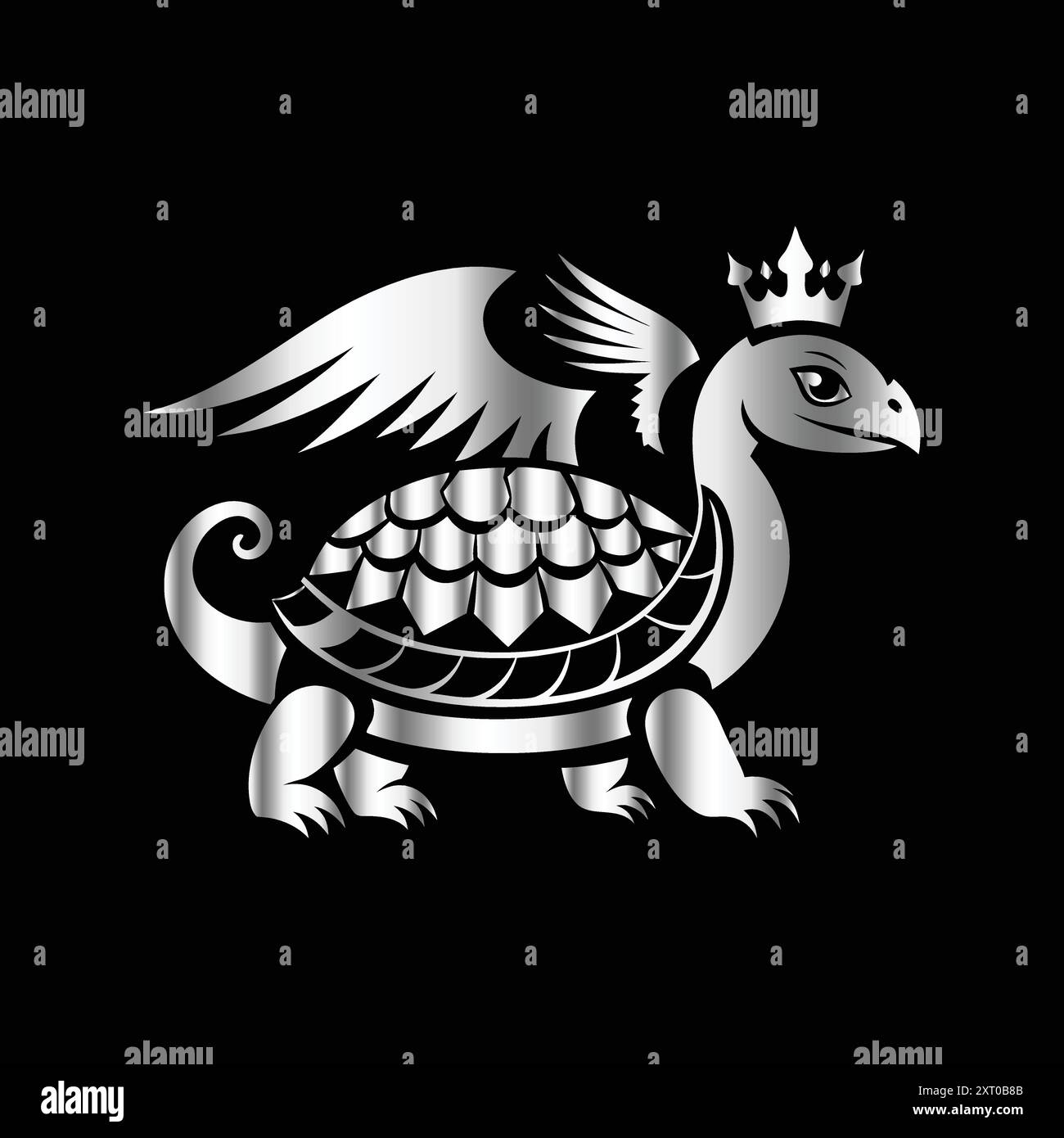 Dragon head, Turtle with shield and crown. Vector illustration on black ...