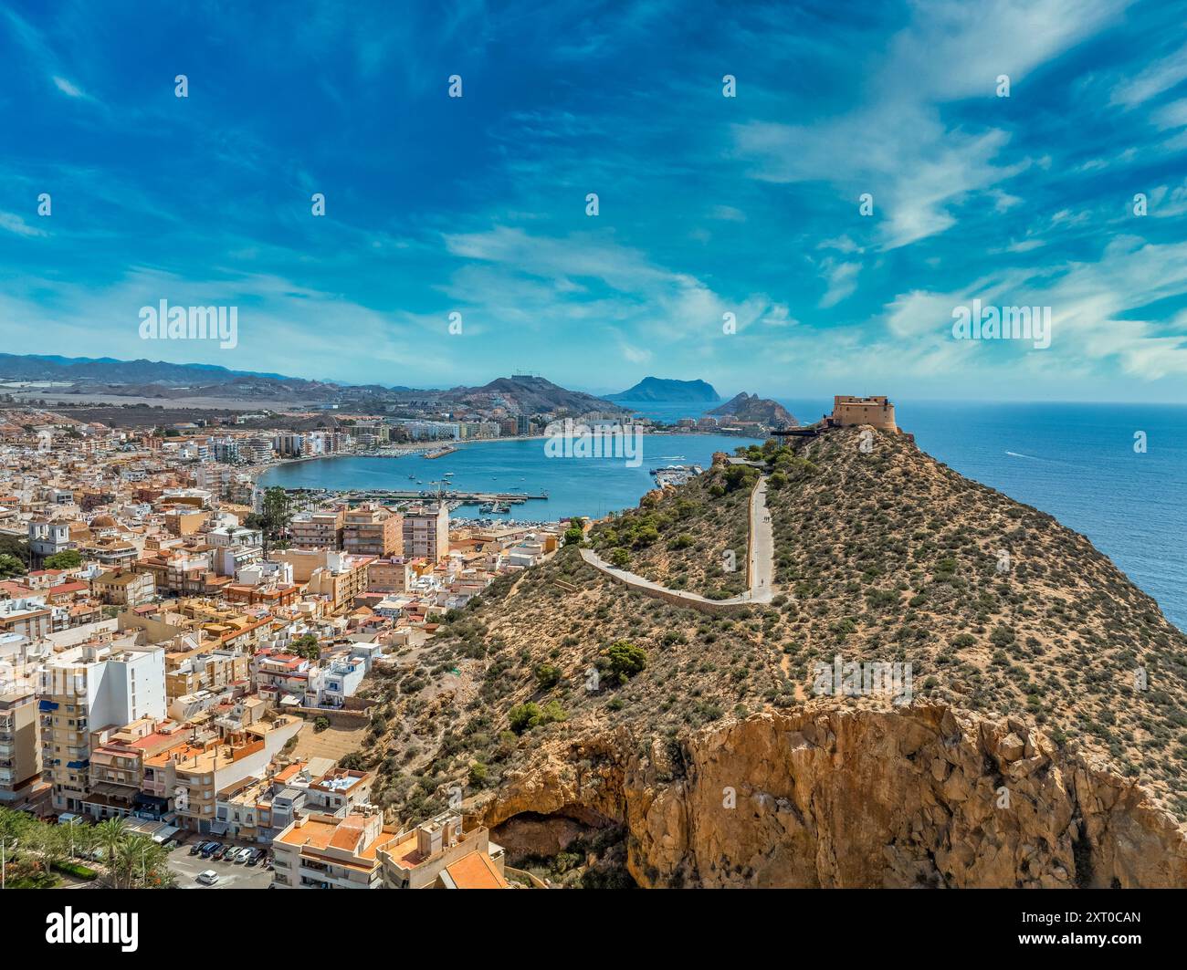 Aerial view of San Juan fort and popular beach in Aguilas Spain ...