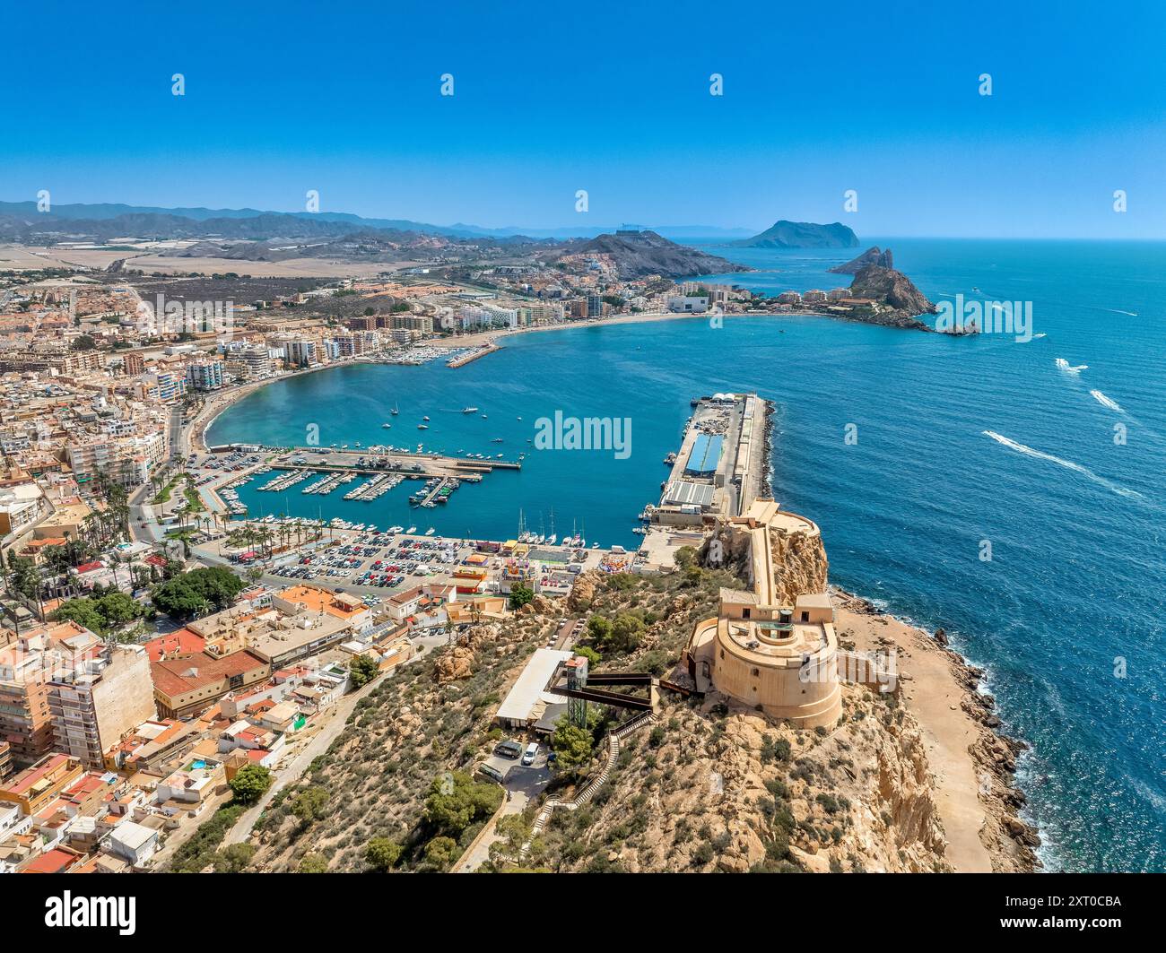 Aerial view of San Juan fort and popular beach in Aguilas Spain ...