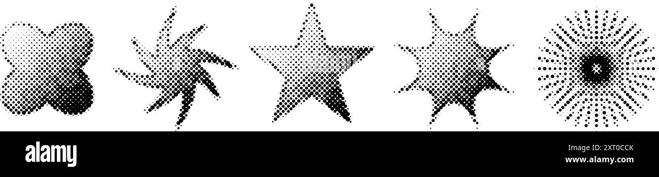 Halftone grain stars set. Dotted grunge star shape collection. Y2K ...