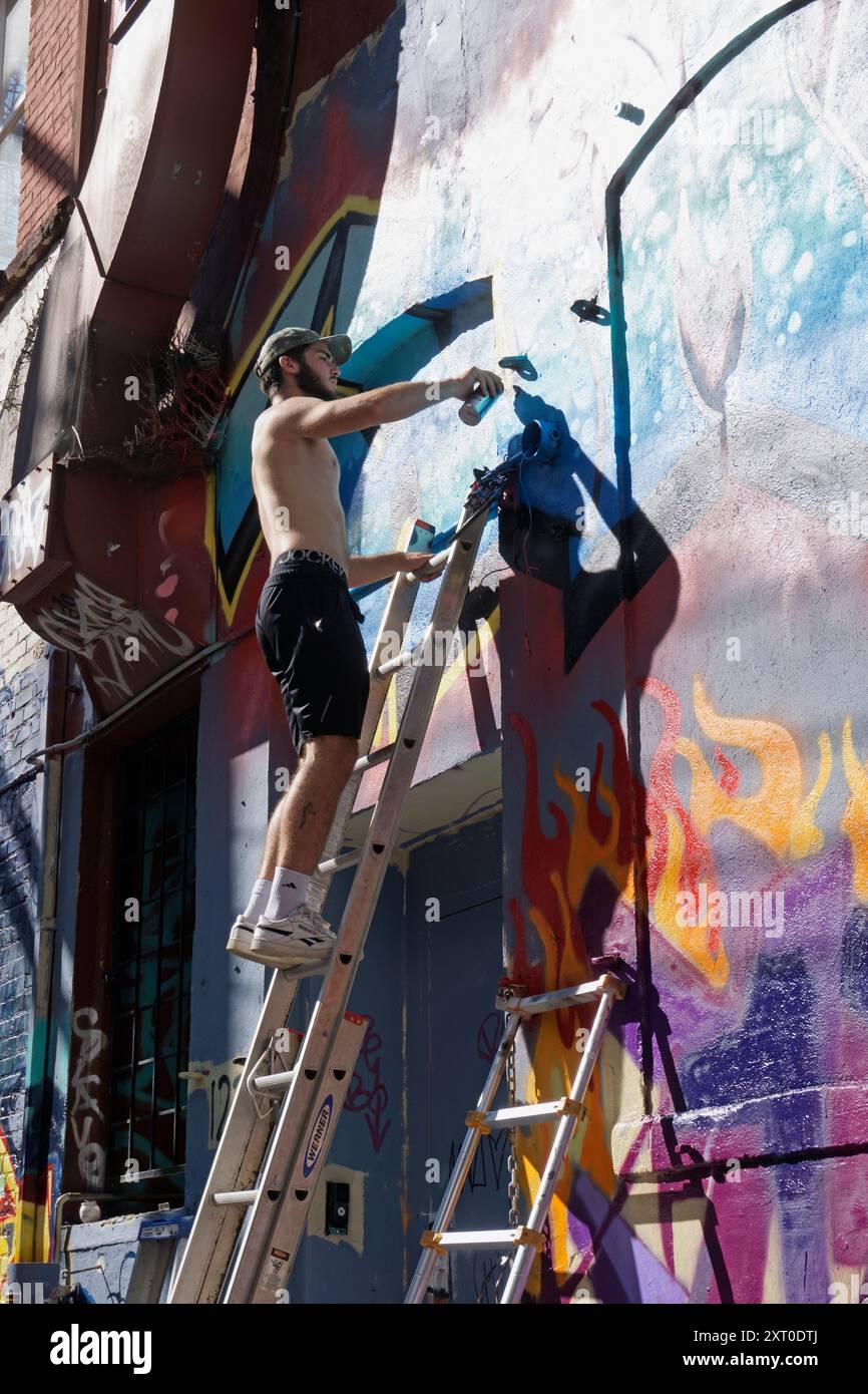 Male graffiti artist spray painting a mural on the side of a building ...