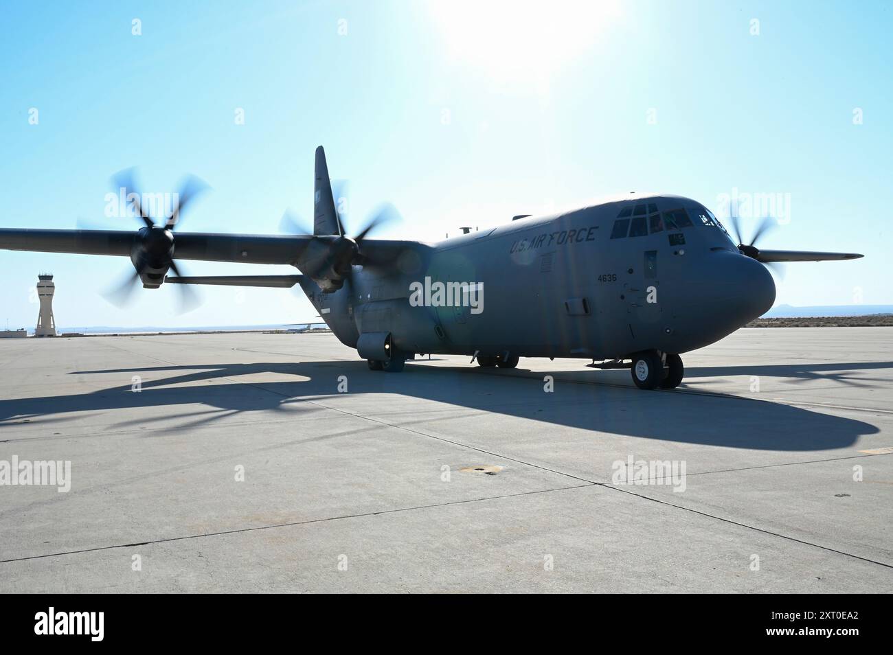 A U.S. Air Force Lockheed C-130 Hercules prepares for takeoff during ...