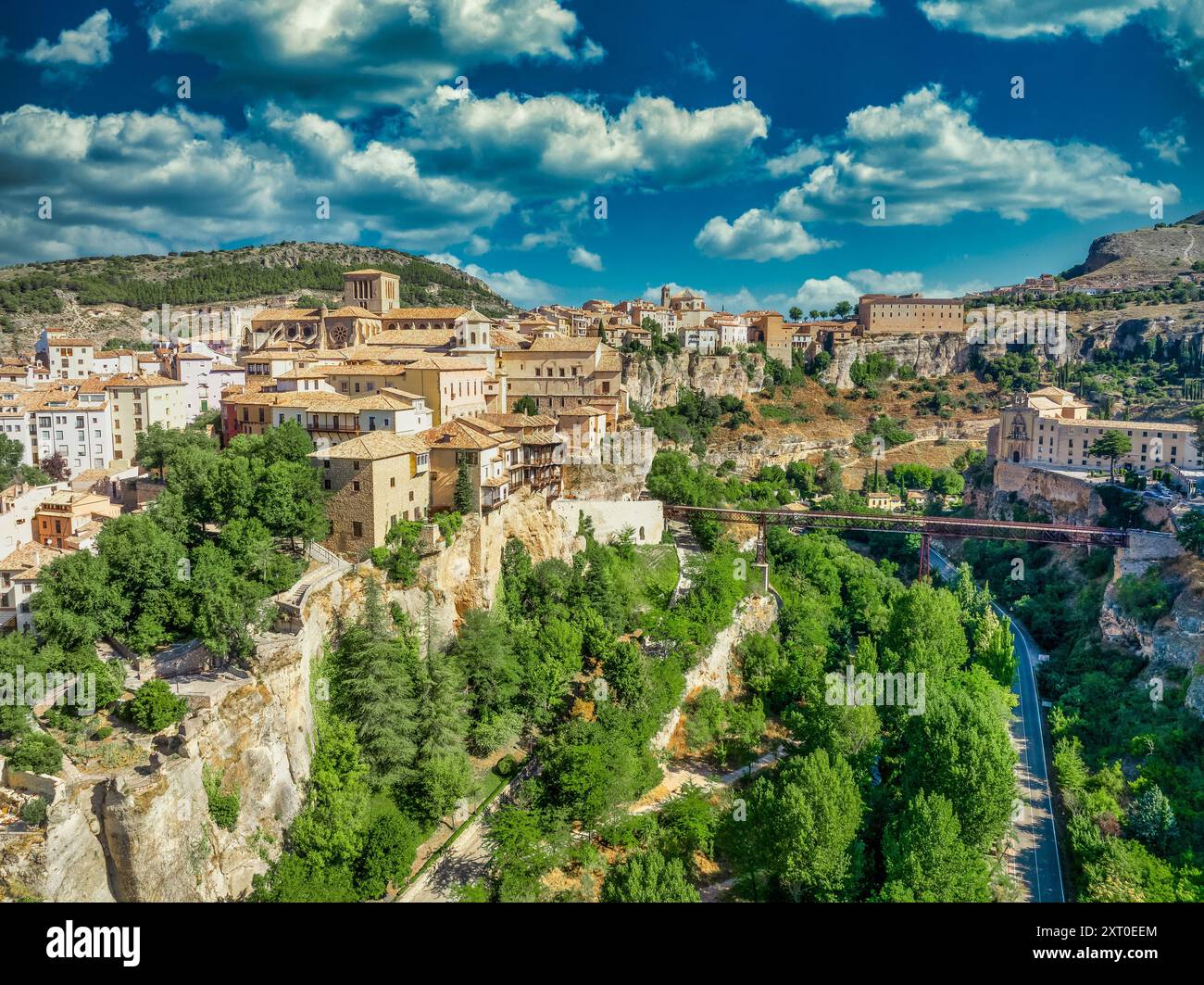 Aerial view of Cuenca Spain with Gothic cathedral, castle, monastery ...