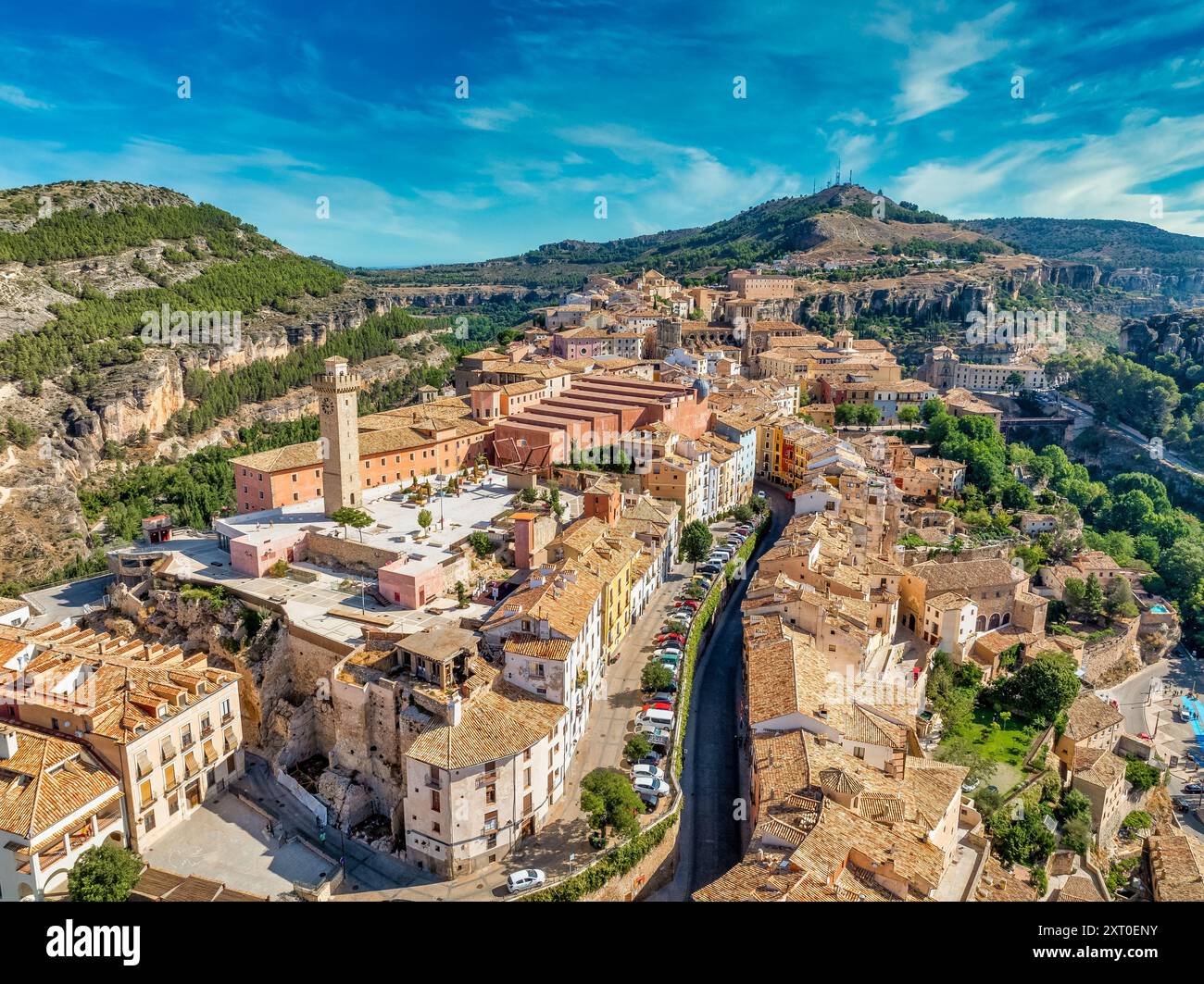 Aerial view of Cuenca Spain old city with clock tower, Torre de Mangana ...