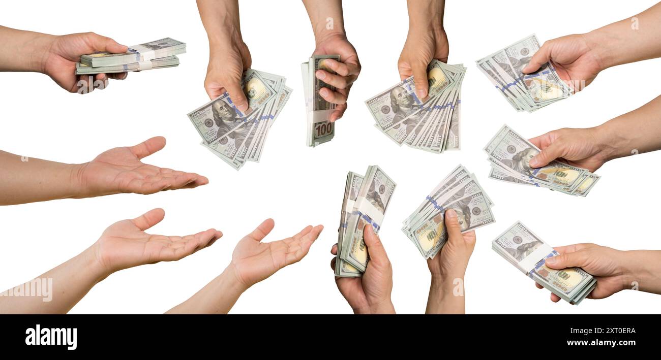 Collection of hundred-dollar banknotes in hands isolated. Hand holding ...