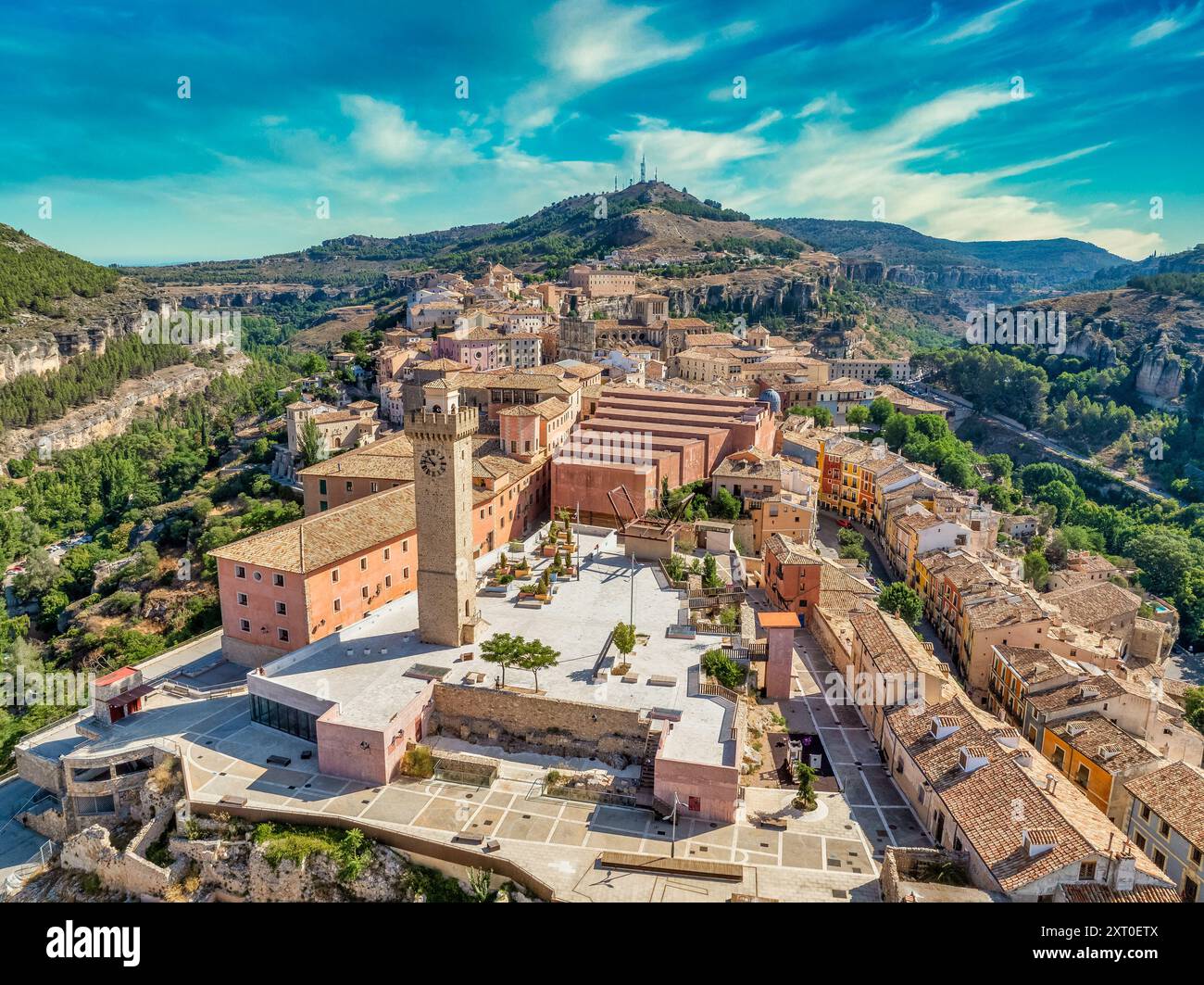 Aerial view of Cuenca Spain old city with clock tower, Torre de Mangana ...