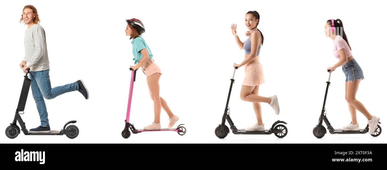 Collage of people with electric kick scooters on white background Stock ...
