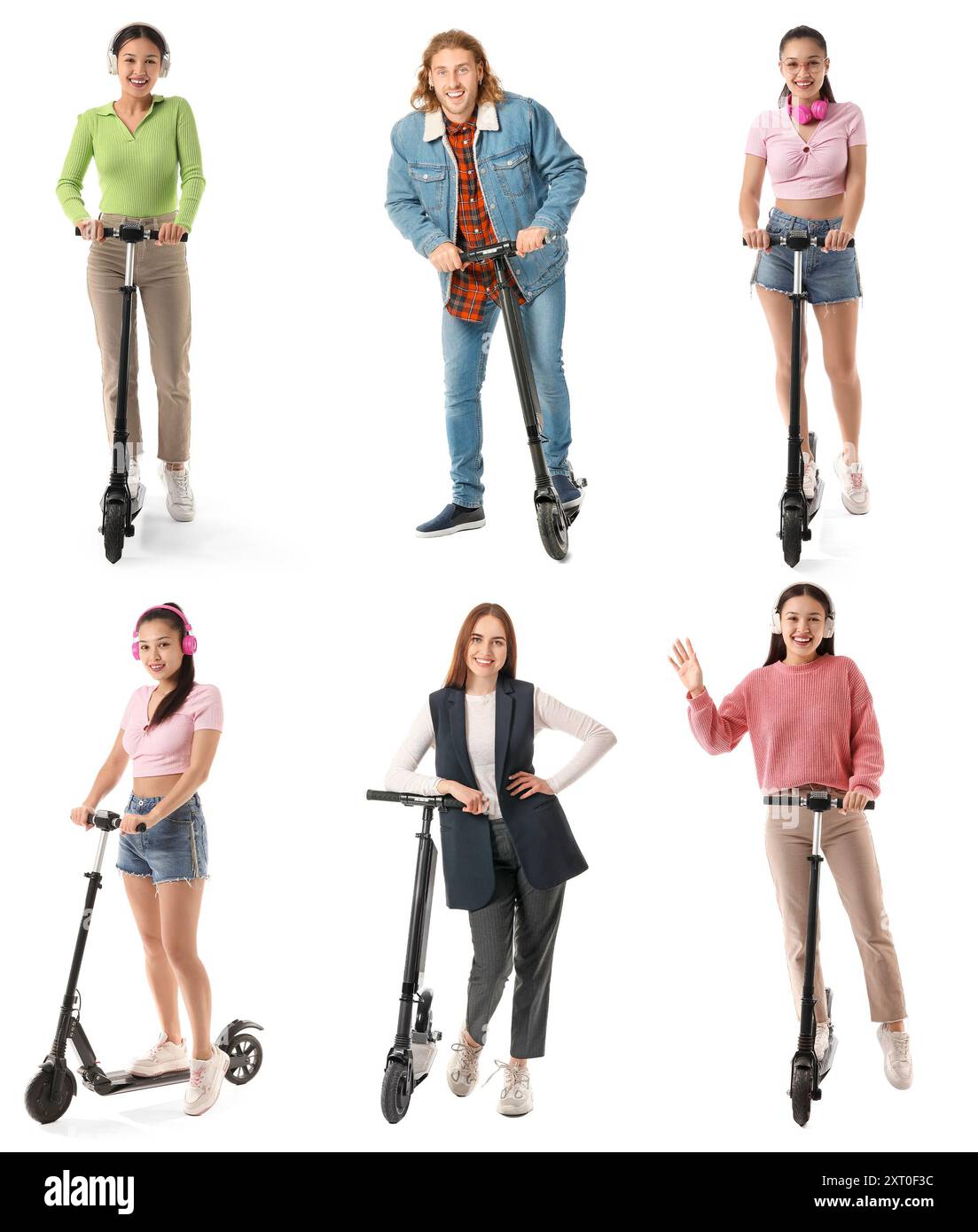 Collage of people with electric kick scooters on white background Stock ...