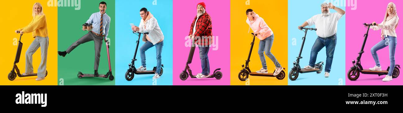 Collage of people with electric kick scooters on white background Stock ...