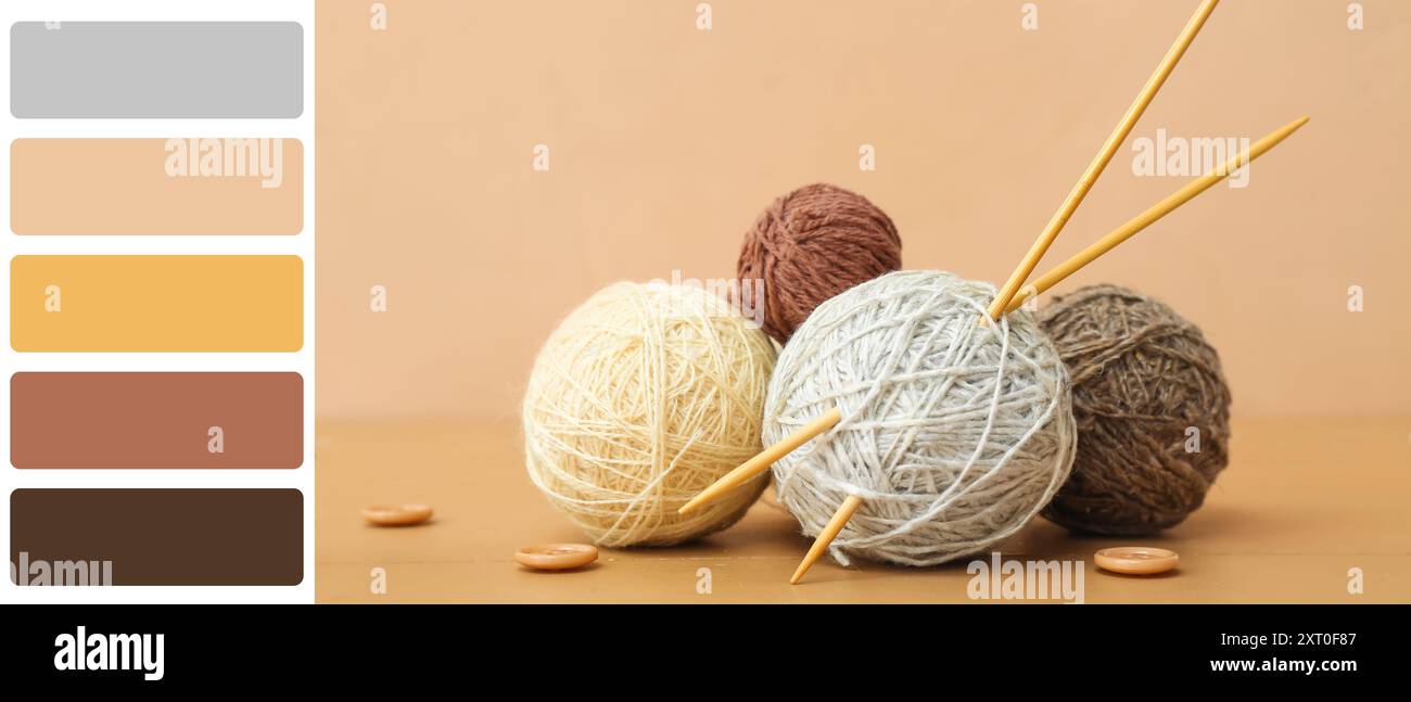 Yarn, knitted needles and buttons on beige background. Different color ...